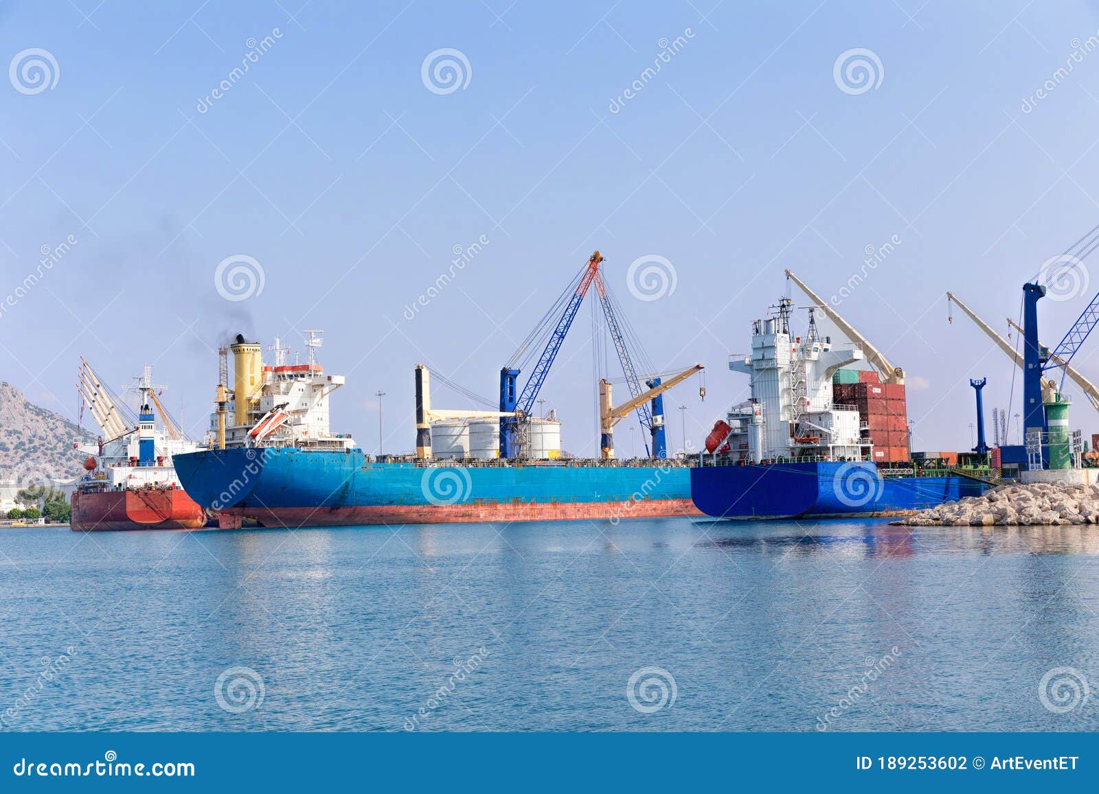Container Ship in Dock at Port. Loading of Containers on the Ship Stock ...