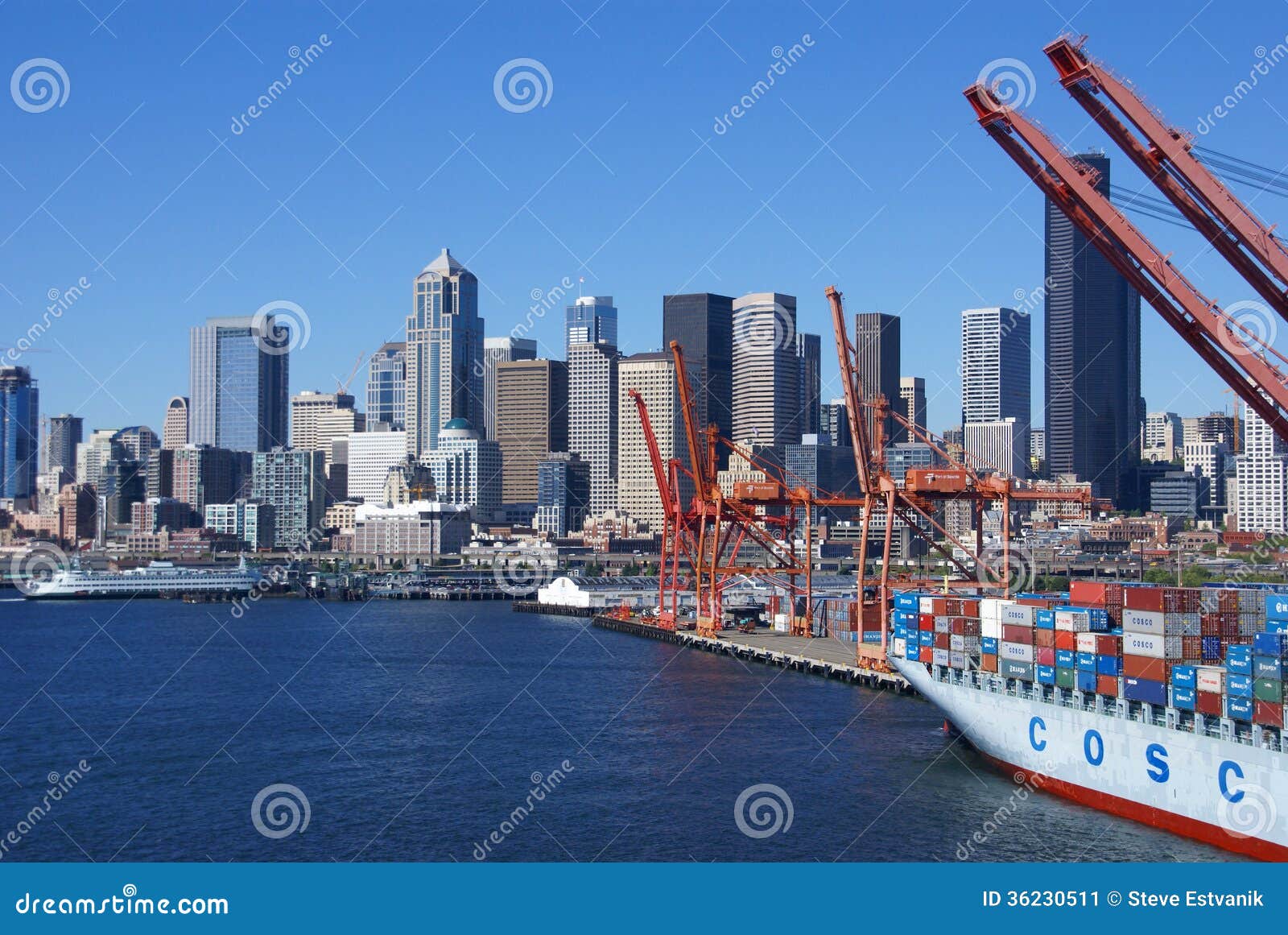 Container Ship and Dockyard Cranes, Seattle Waterfront Editorial Photo ...