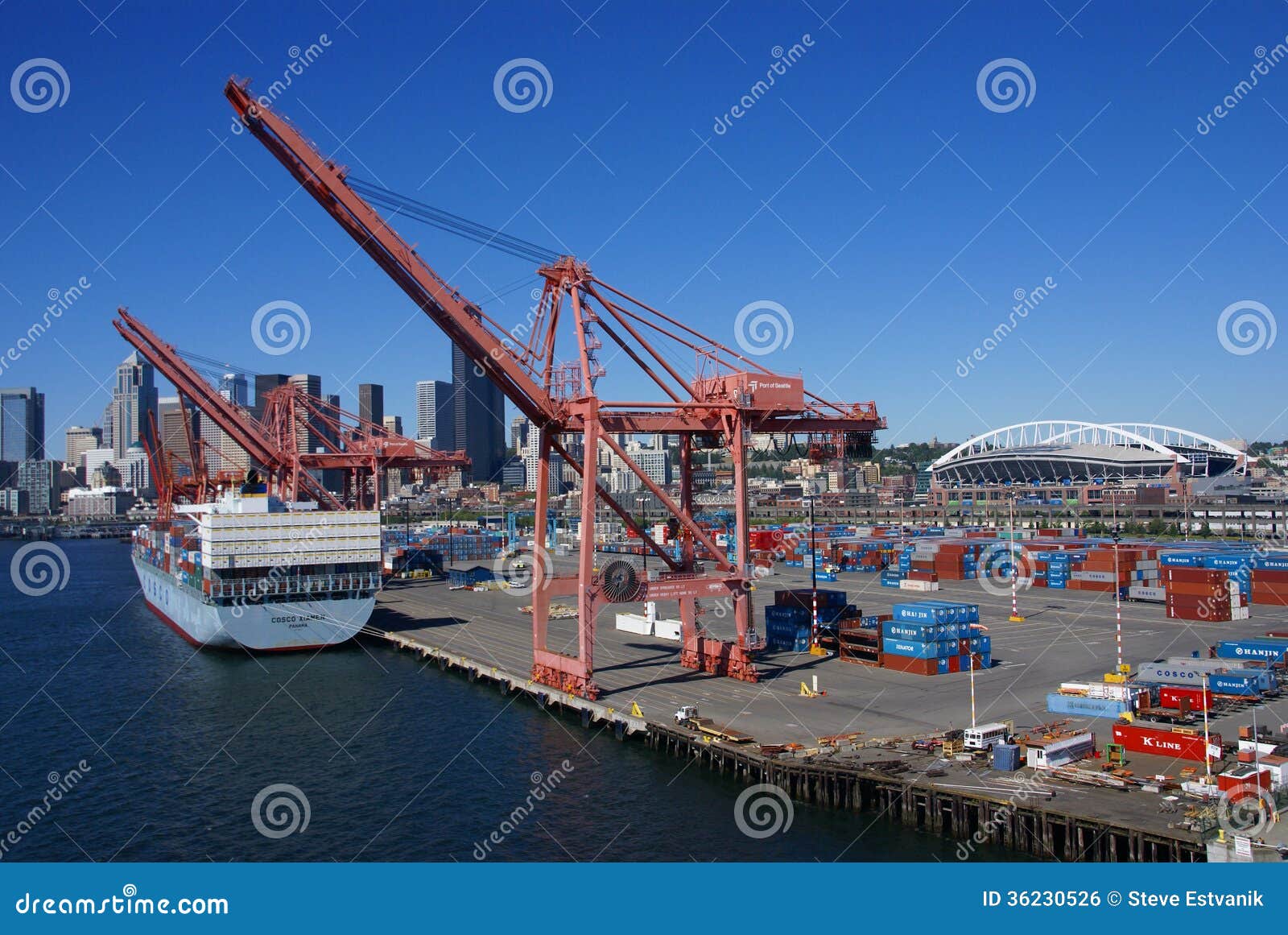 Container Ship and Dockyard Cranes, Seattle Waterfront Editorial Photo ...