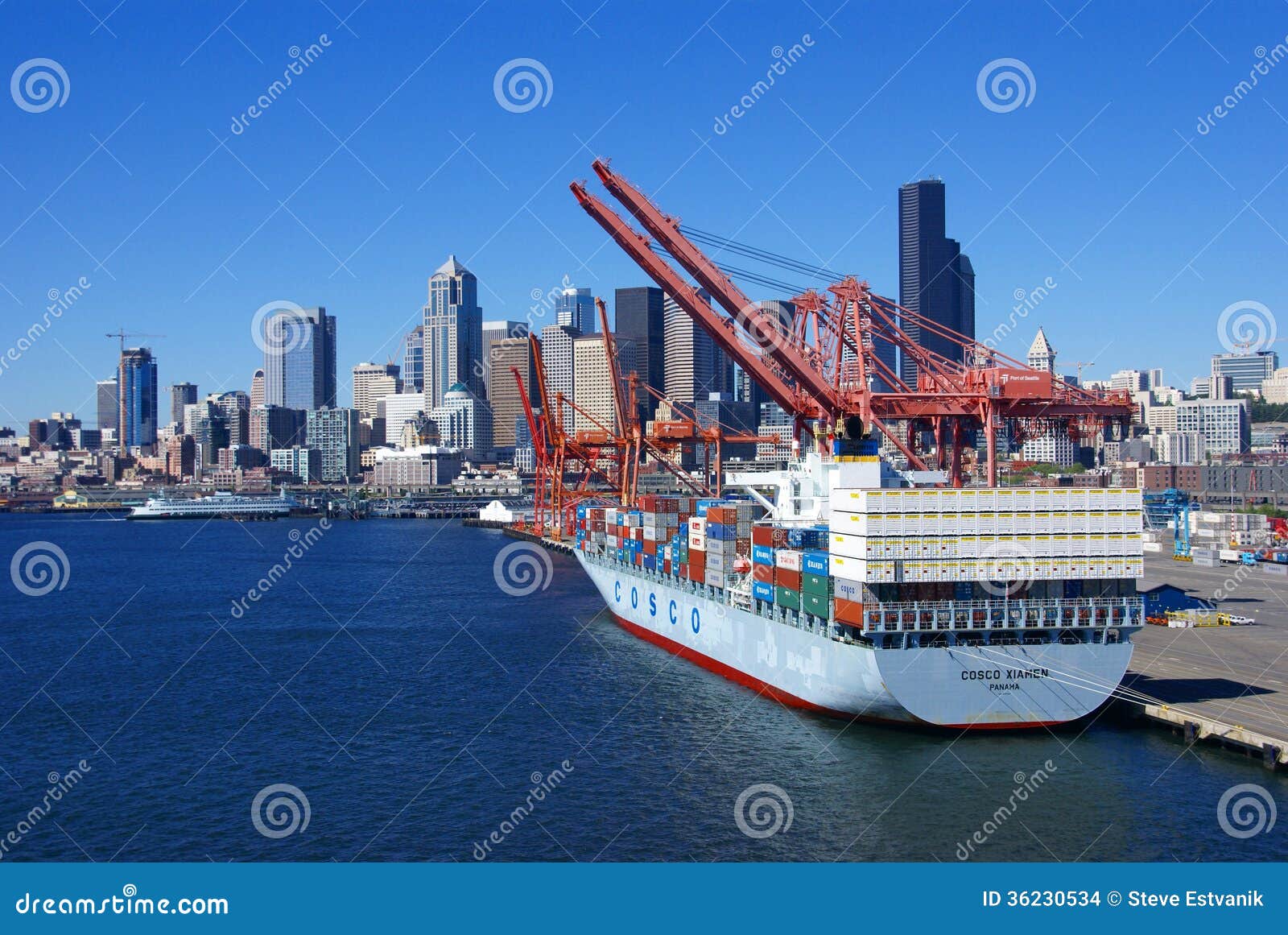 Container Ship and Dockyard Cranes, Seattle Waterfront Editorial Stock ...