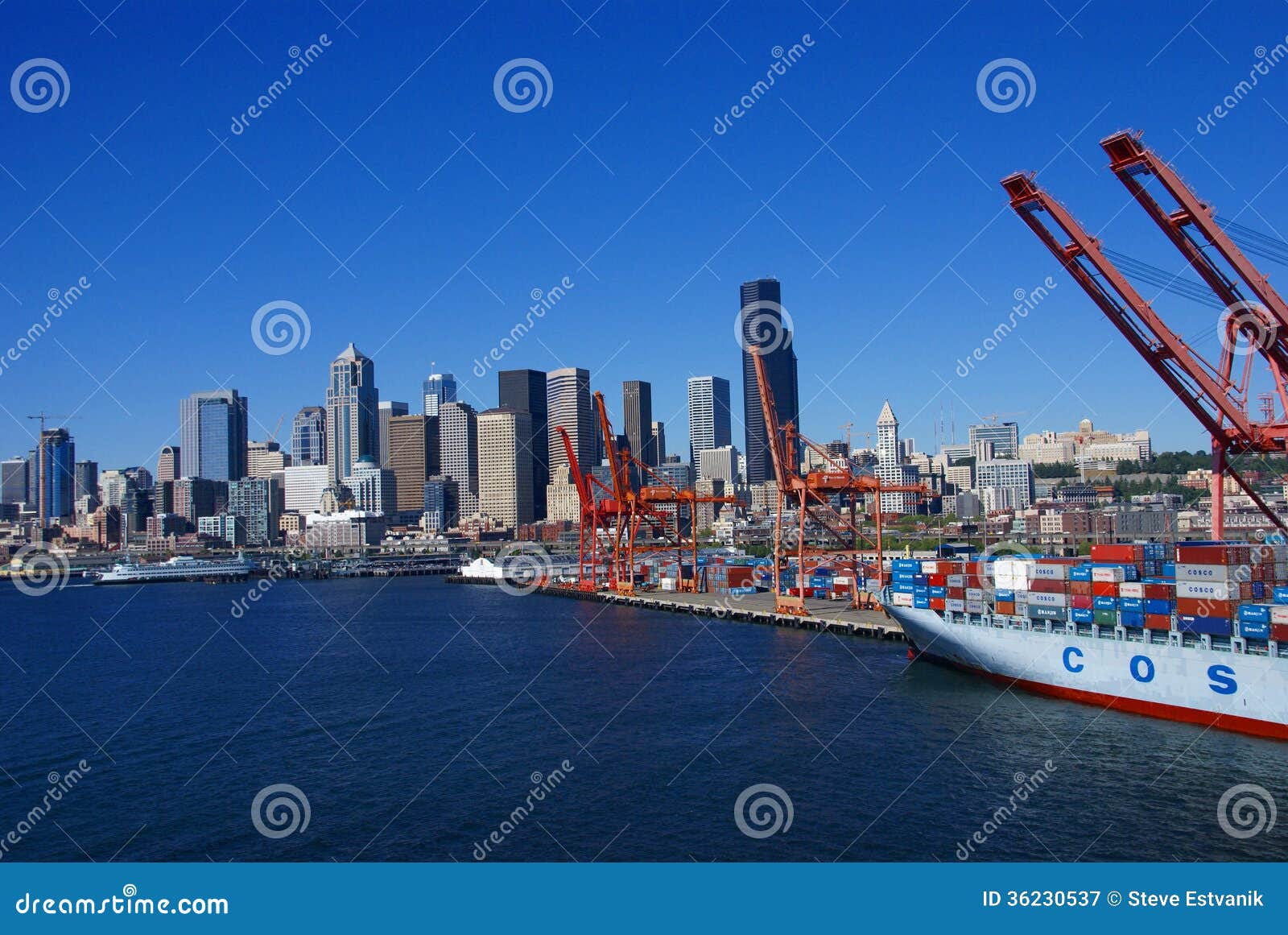 Container Ship and Dockyard Cranes, Seattle Waterfront Editorial ...