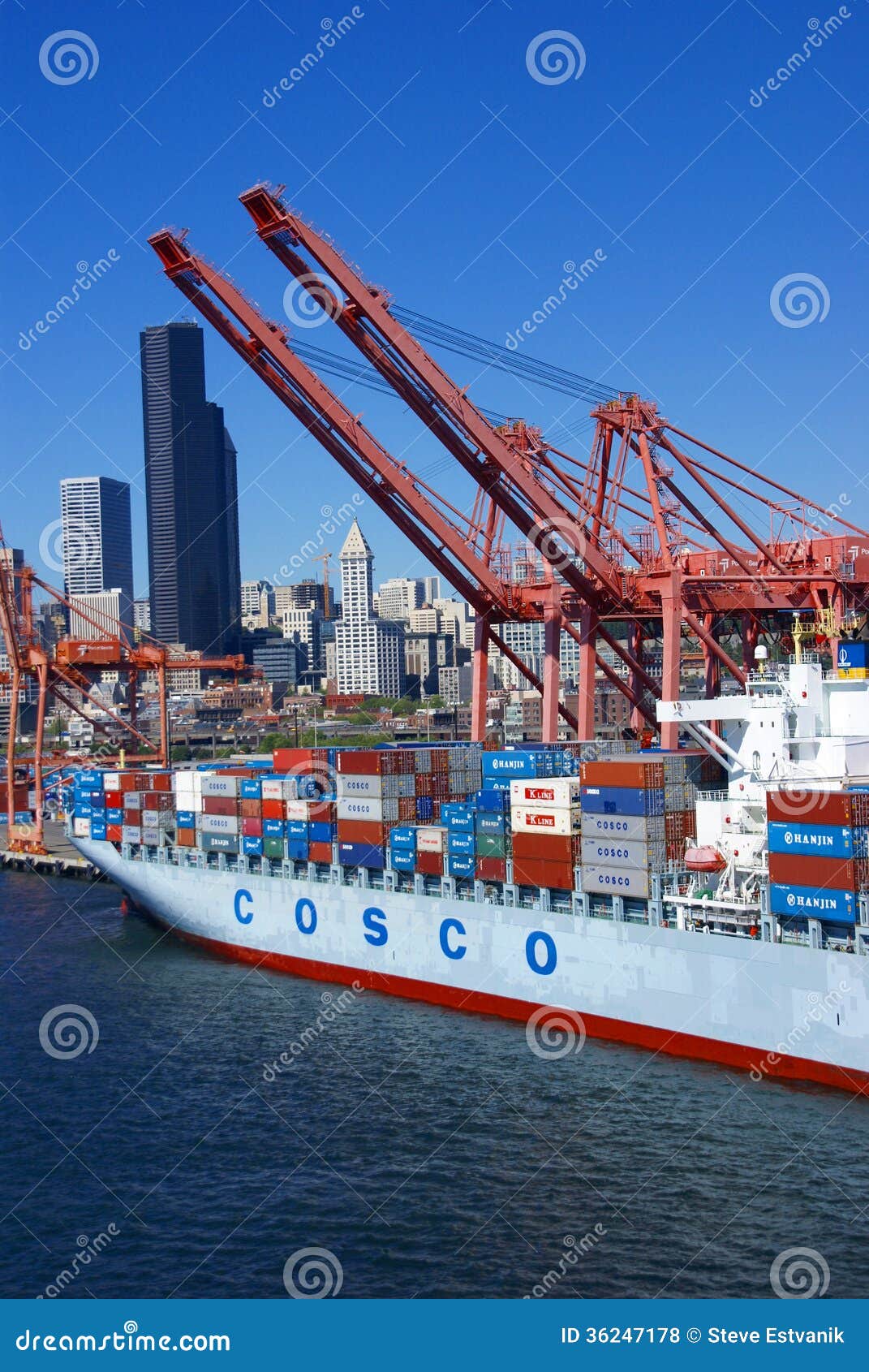 Container Ship and Dockyard Cranes, Seattle Waterfront Editorial Stock ...