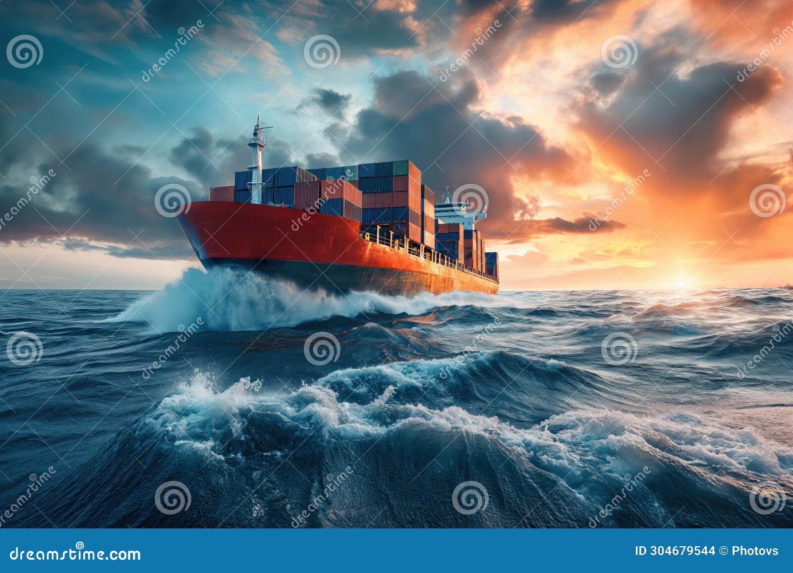 Container Ship Floats with Ocean Splashing Big Waves during a Storm ...