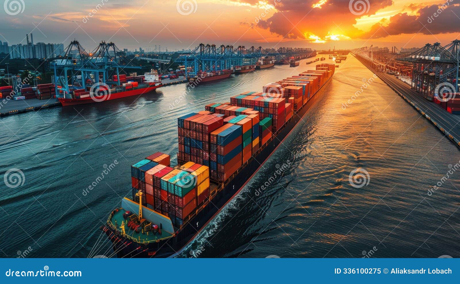 A Container Ship Going by Sea. Express Cargo Container Ship with Ocean ...