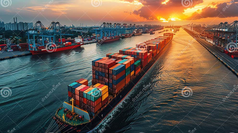 A Container Ship Going by Sea. Express Cargo Container Ship with Ocean ...