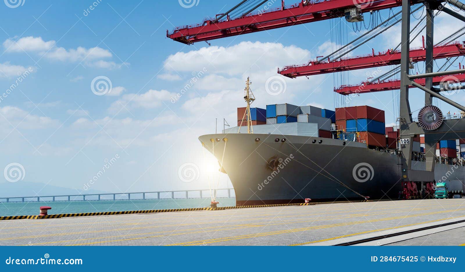 Container Ship in the Harbor Stock Image - Image of bridge, blue: 284675425
