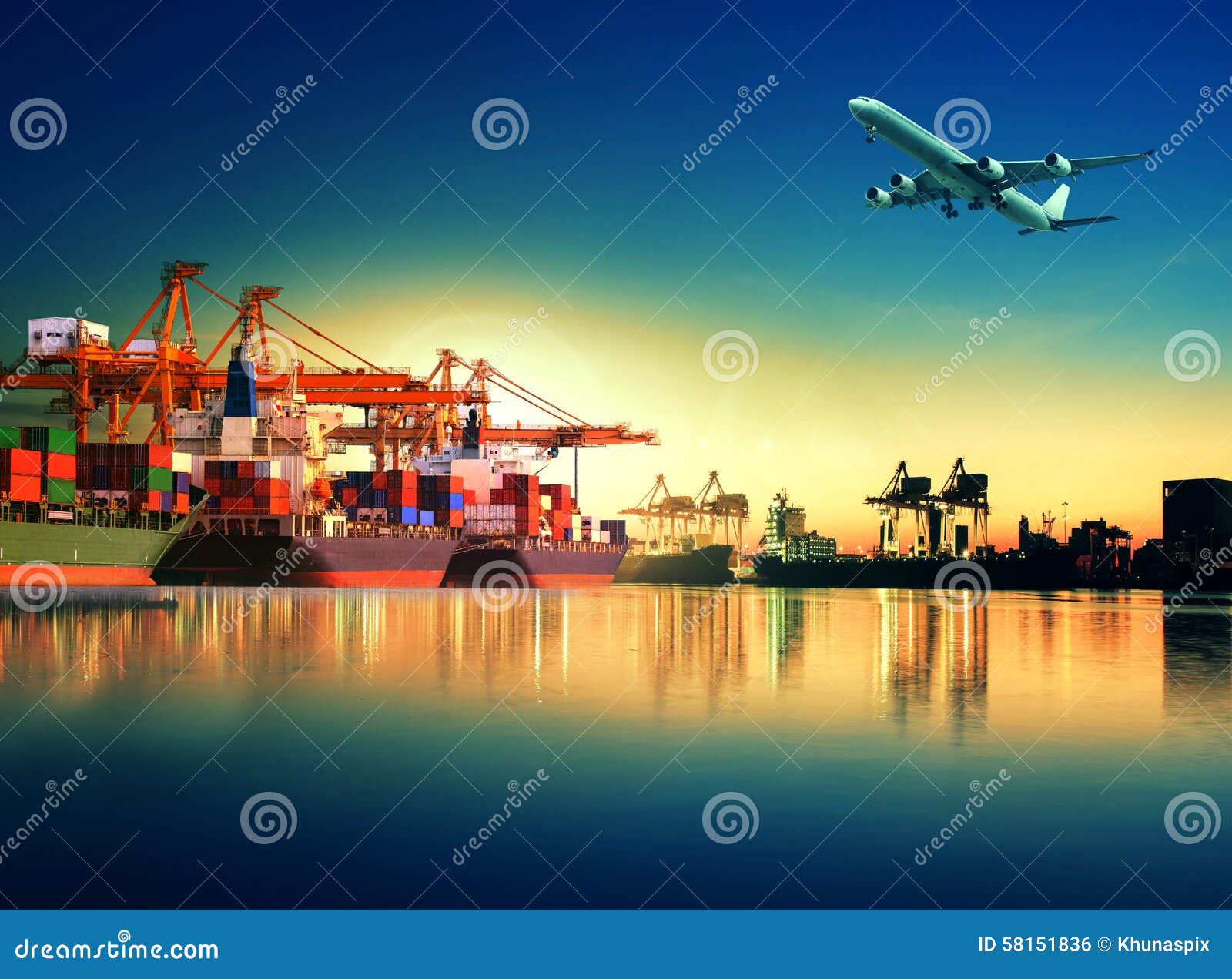 Container Ship in Import,export Port Against Beautiful Morning L Stock ...