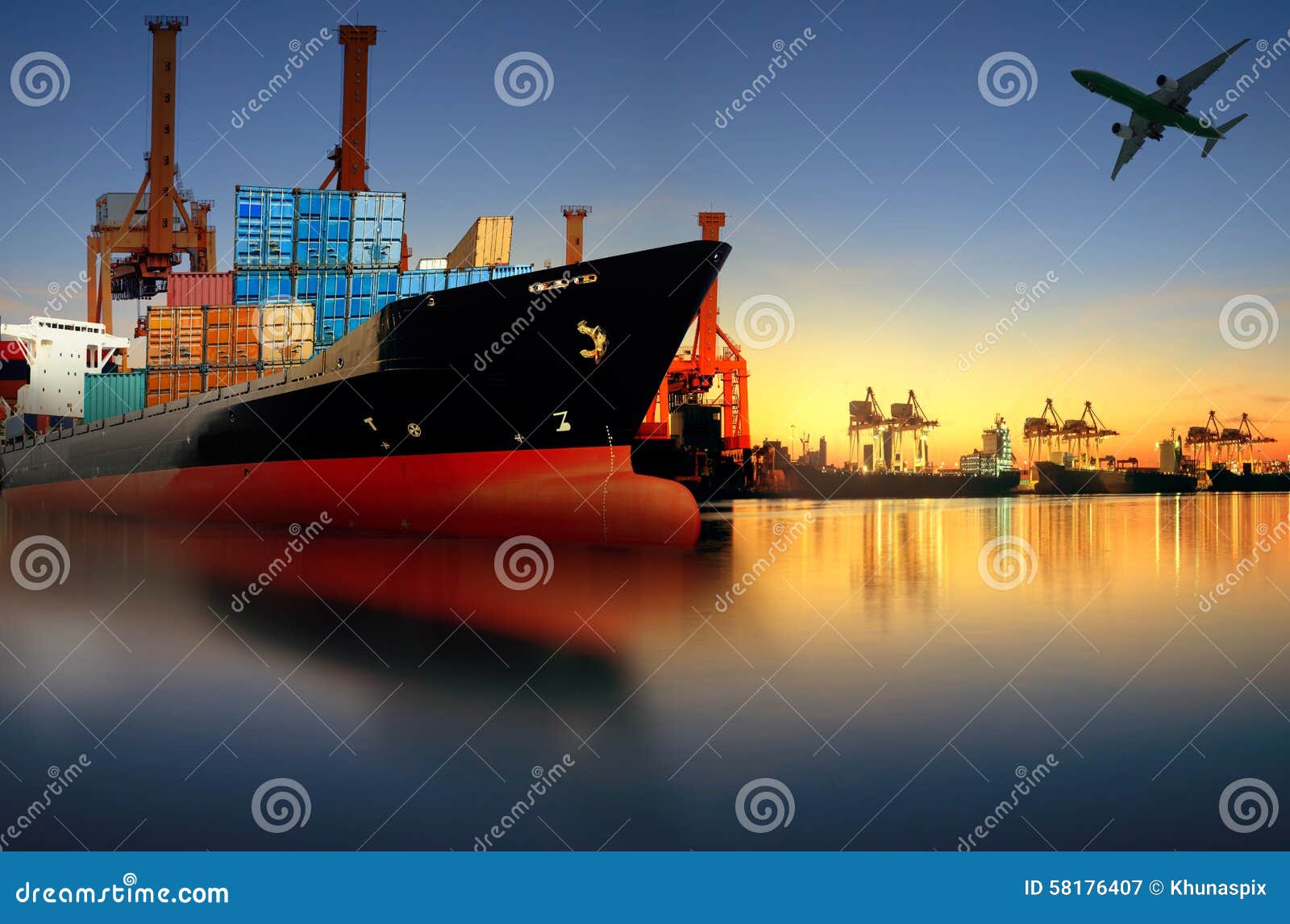Container Ship in Import, Export Port Against Beautiful Morning L Stock ...