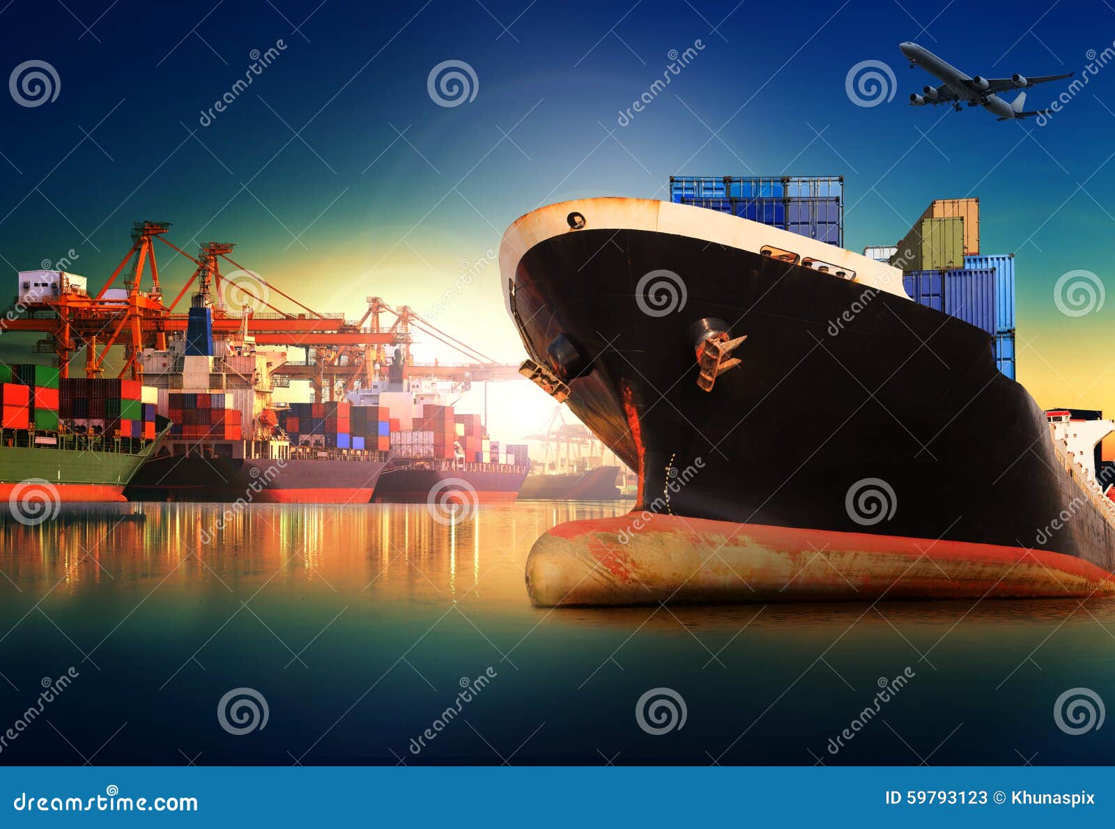 Container Ship in Import,export Port Against Beautiful Morning L Stock ...