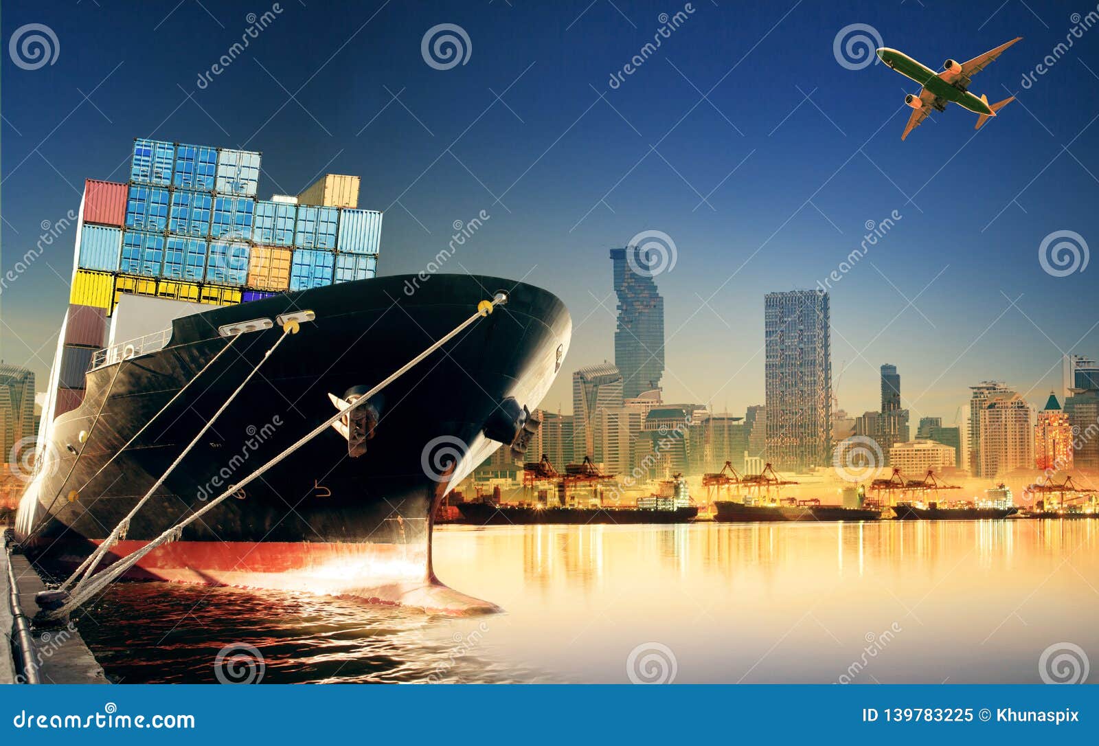 Container Ship in Import,export Port Against Beautiful Morning Light of ...