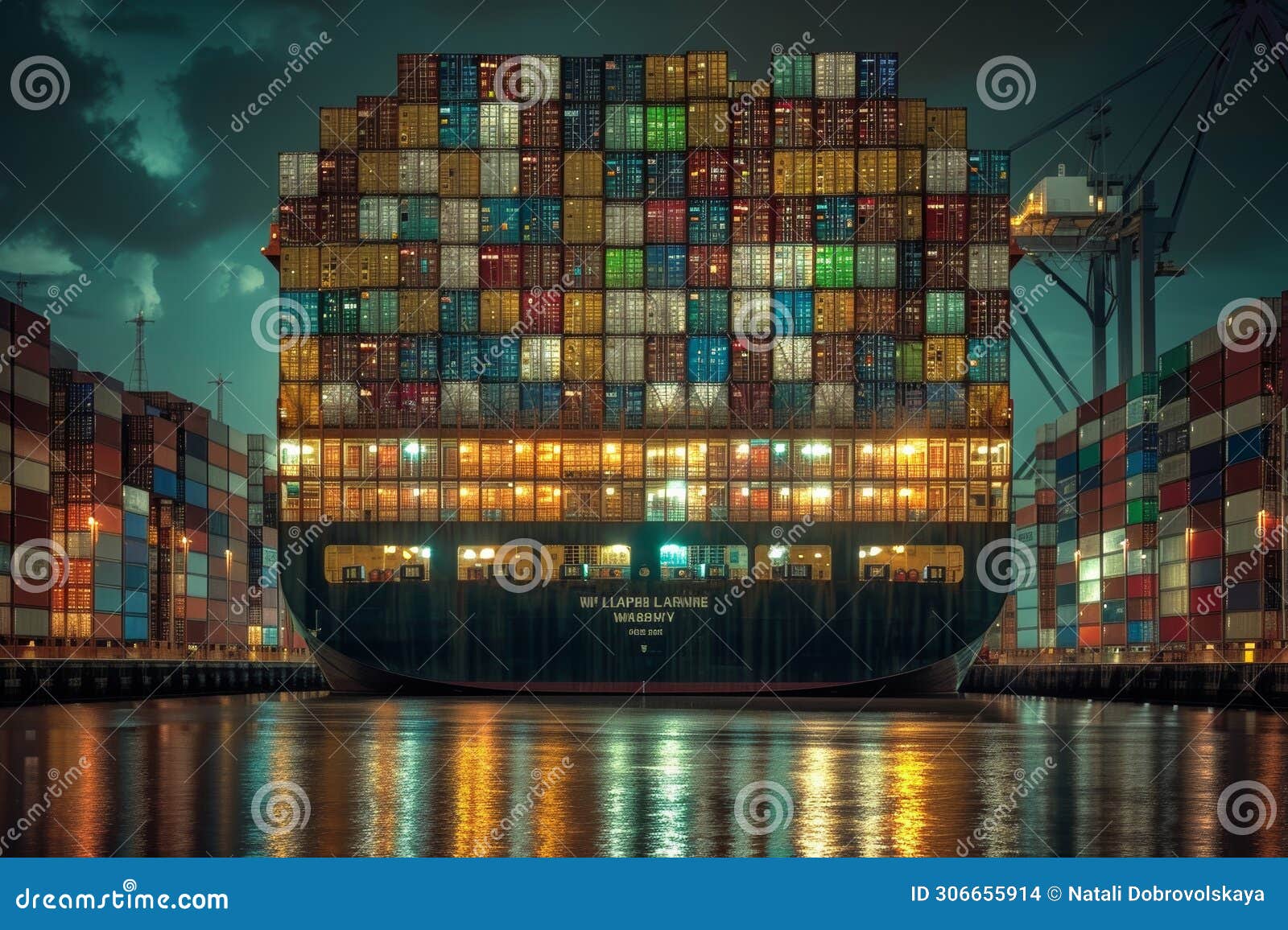A Container Ship Loading with Containers at Night. Stock Photo - Image ...