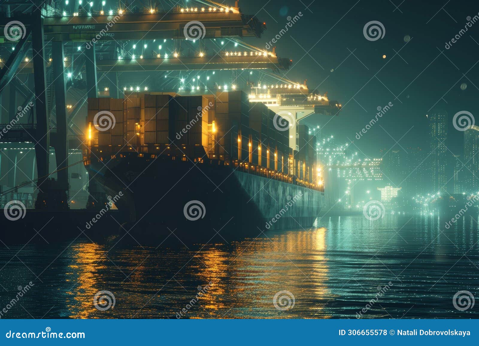 A Container Ship Loading with Containers at Night. Stock Photo - Image ...