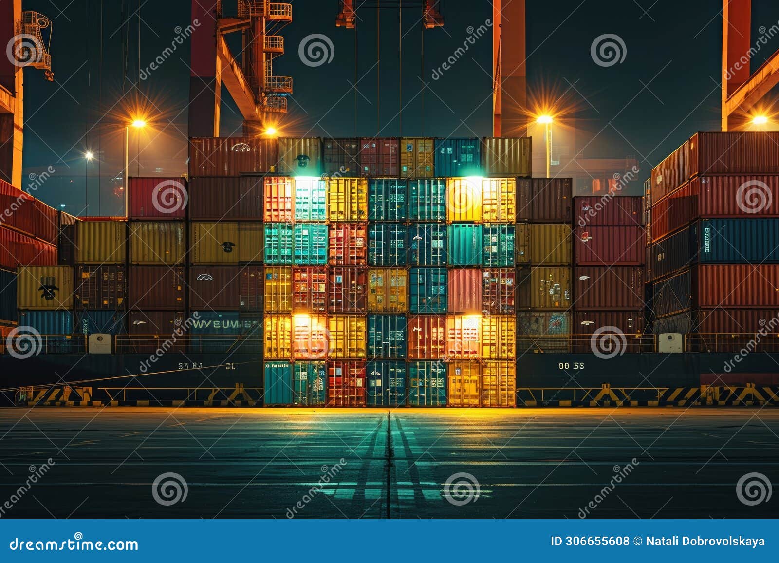 A Container Ship Loading with Containers at Night. Stock Photo - Image ...