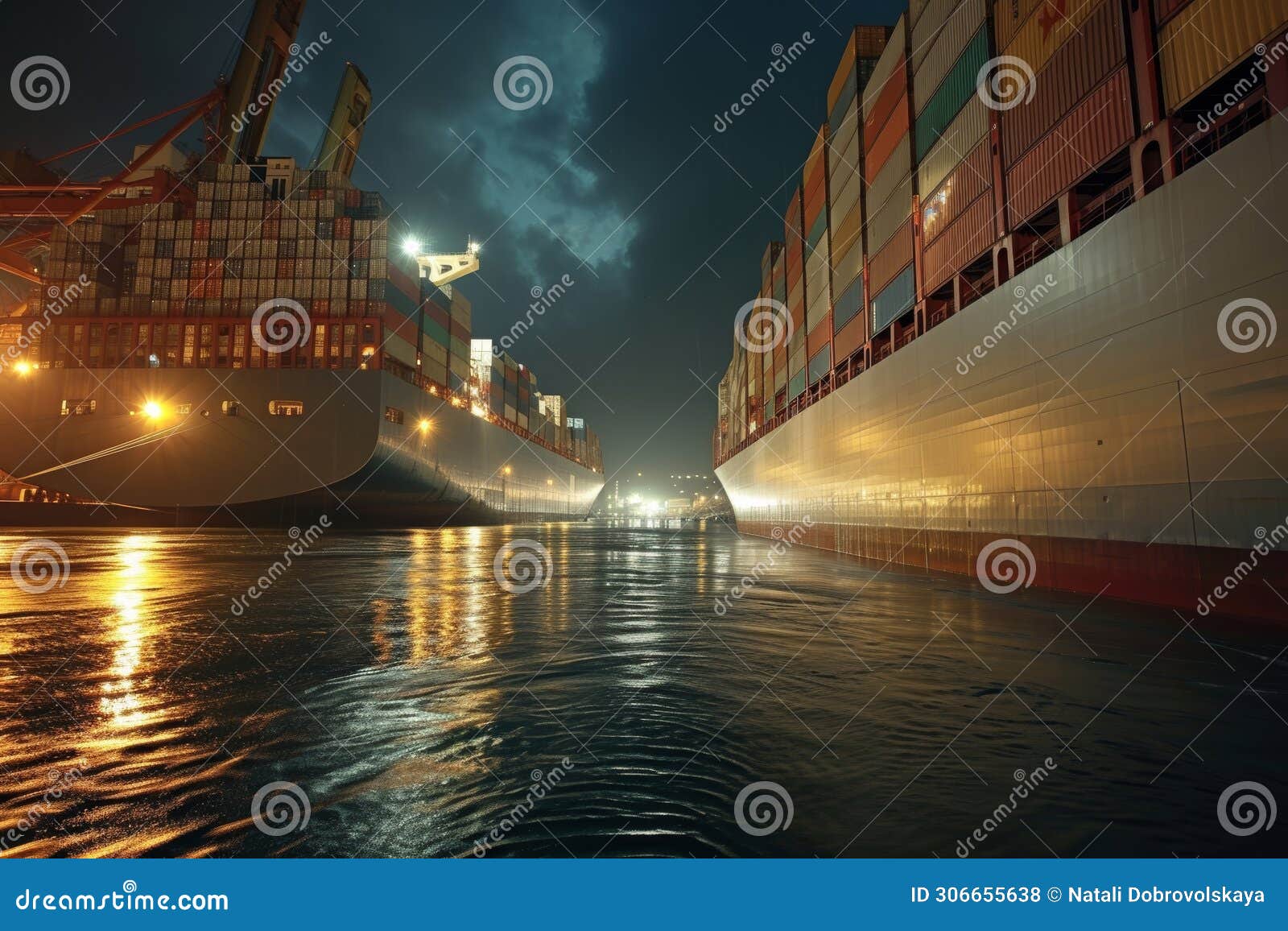 A Container Ship Loading with Containers at Night. Stock Photo - Image ...