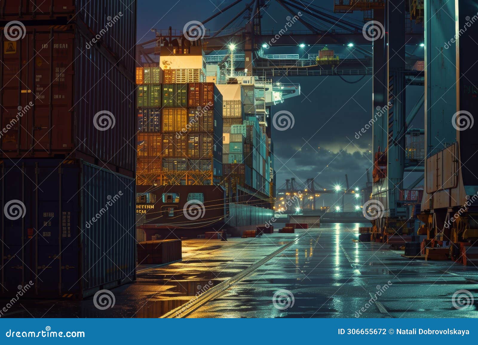 A Container Ship Loading with Containers at Night. Stock Photo - Image ...