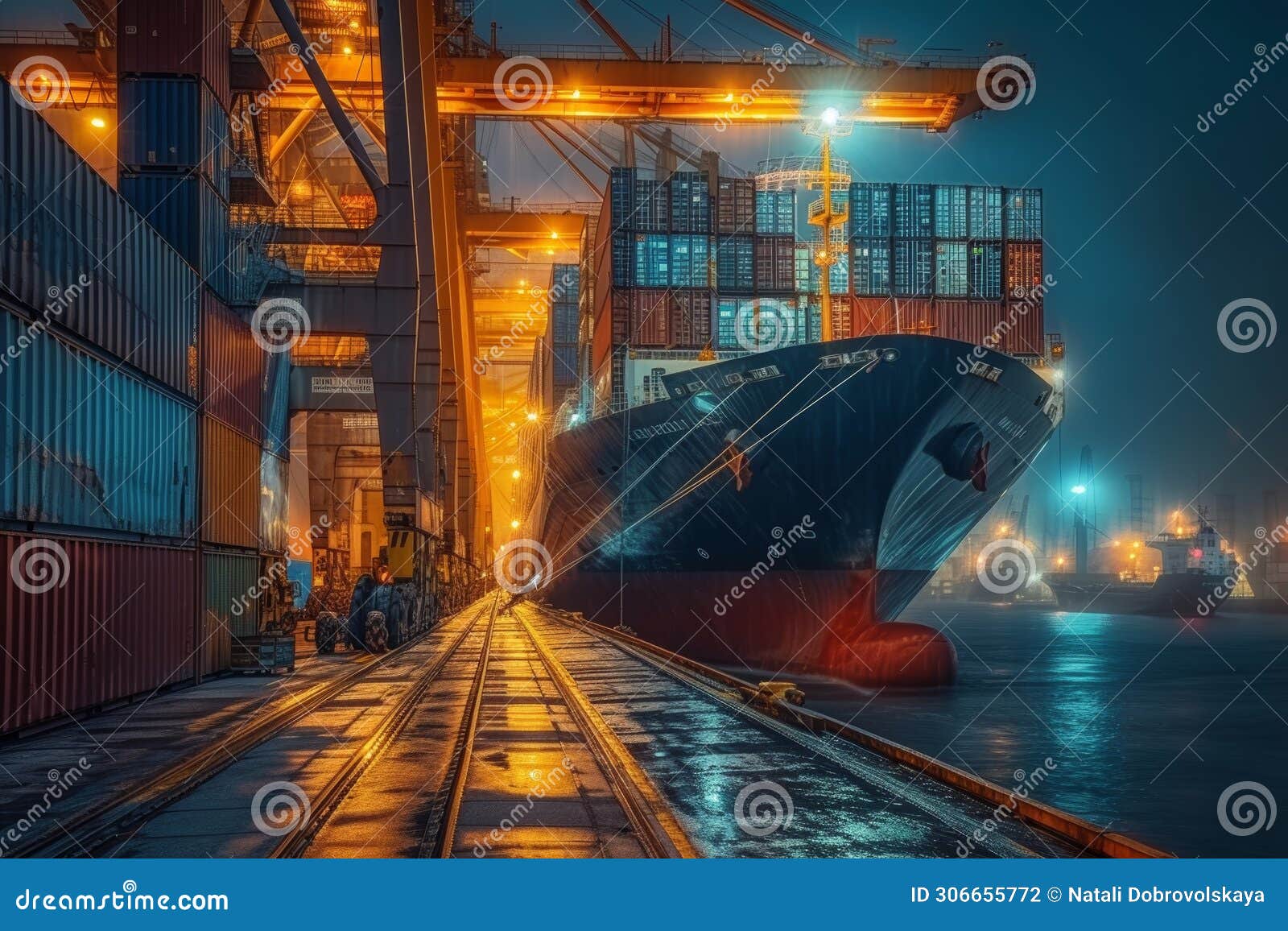 A Container Ship Loading with Containers at Night. Stock Photo - Image ...