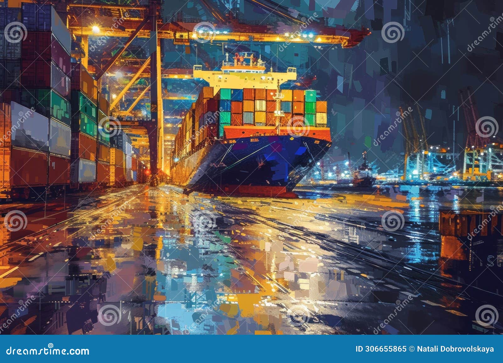 A Container Ship Loading with Containers at Night. Stock Image - Image ...