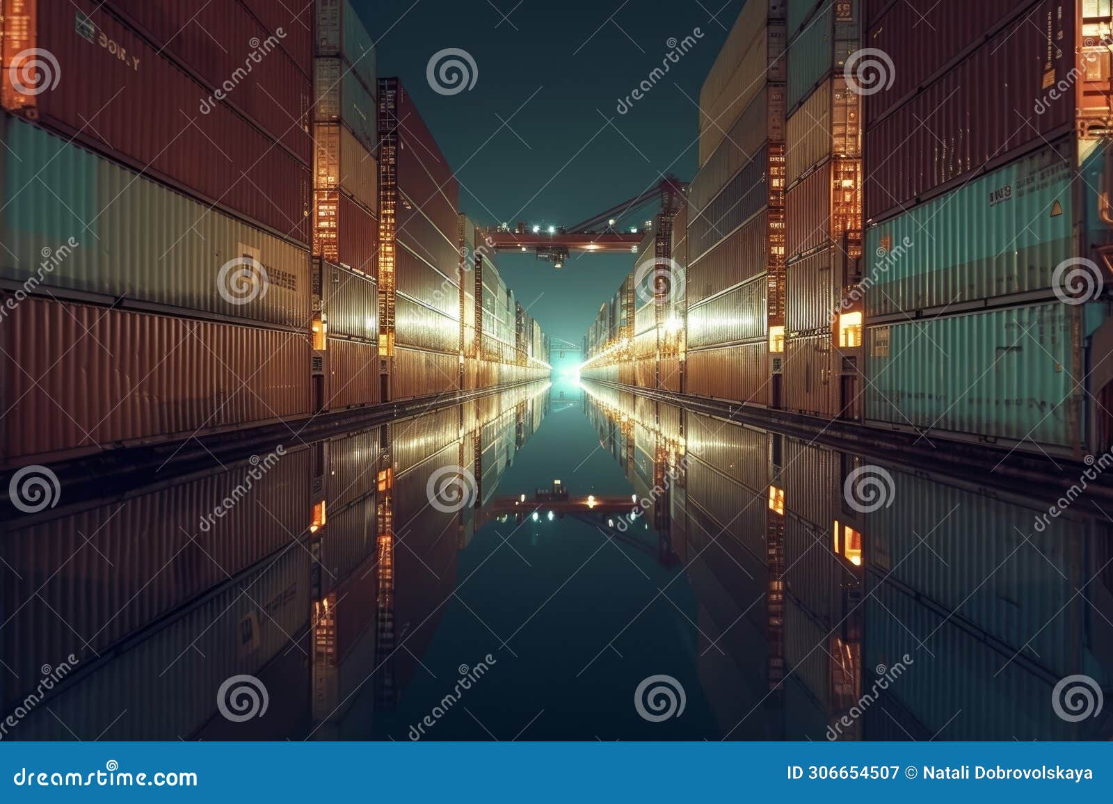 A Container Ship Loading with Containers at Night. Stock Image - Image ...