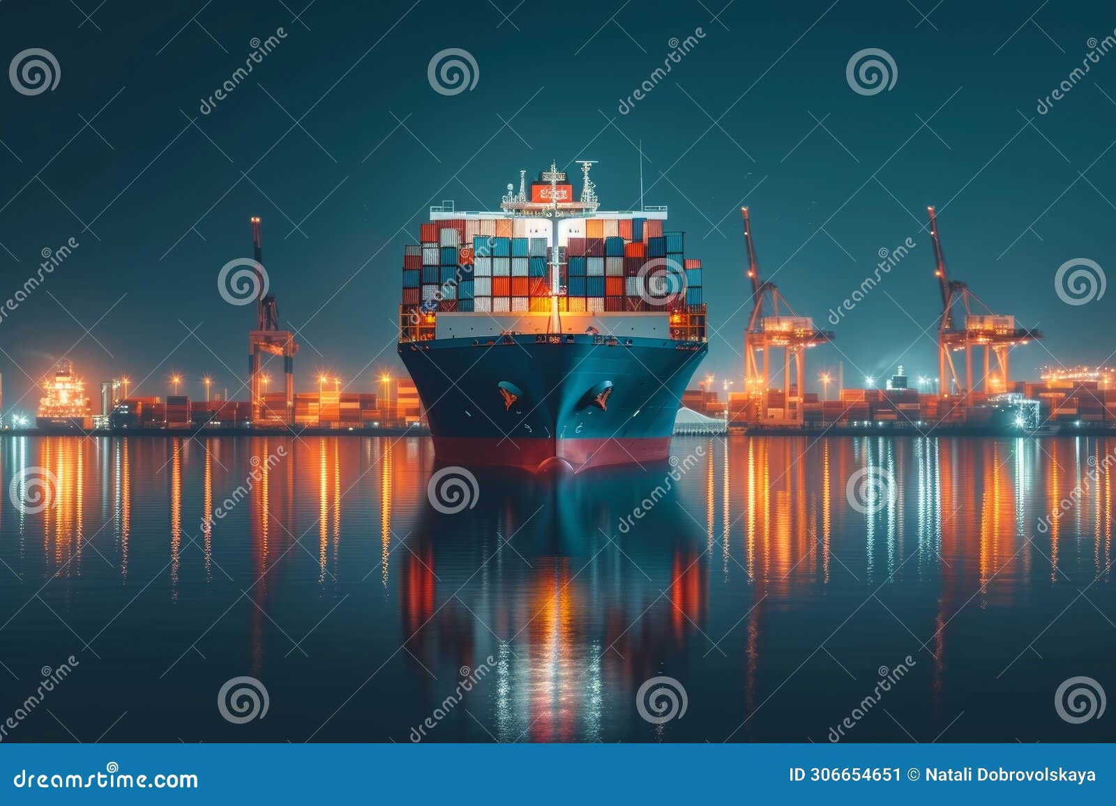 A Container Ship Loading with Containers at Night. Stock Image - Image ...