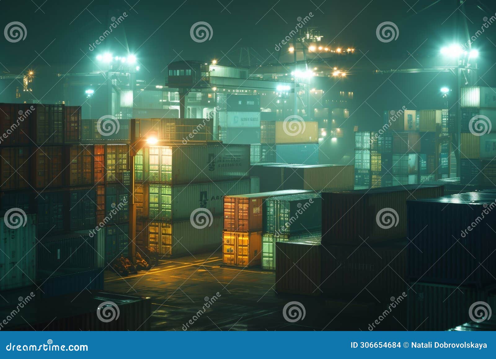 A Container Ship Loading with Containers at Night. Stock Photo - Image ...