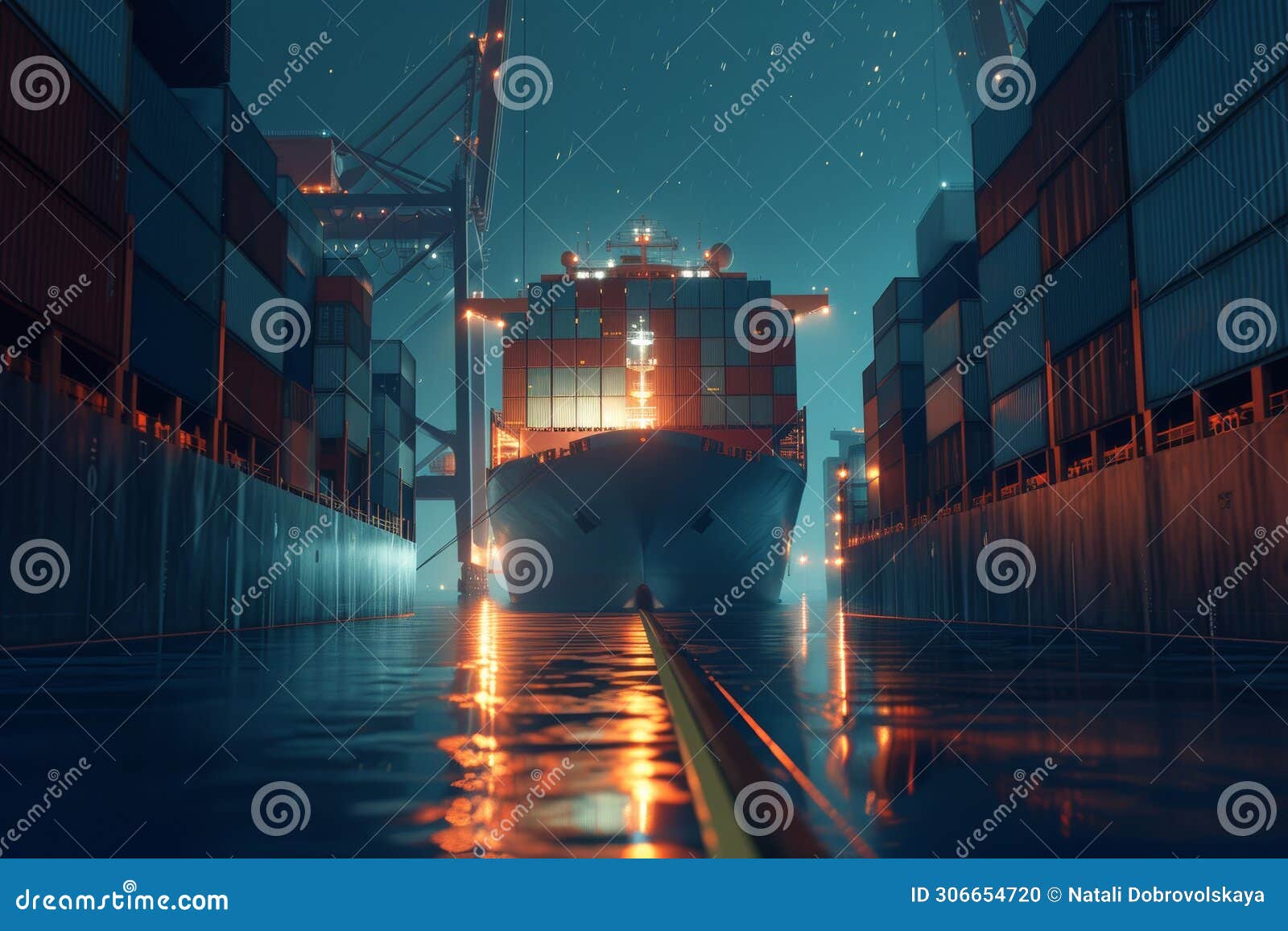 A Container Ship Loading with Containers at Night. Stock Photo - Image ...