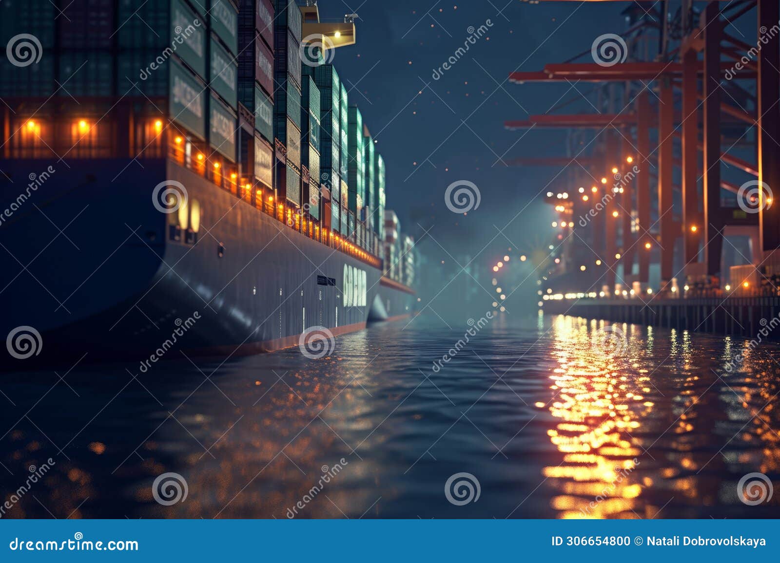 A Container Ship Loading with Containers at Night. Stock Photo - Image ...