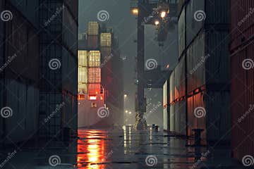 A Container Ship Loading with Containers at Night. Stock Image - Image ...