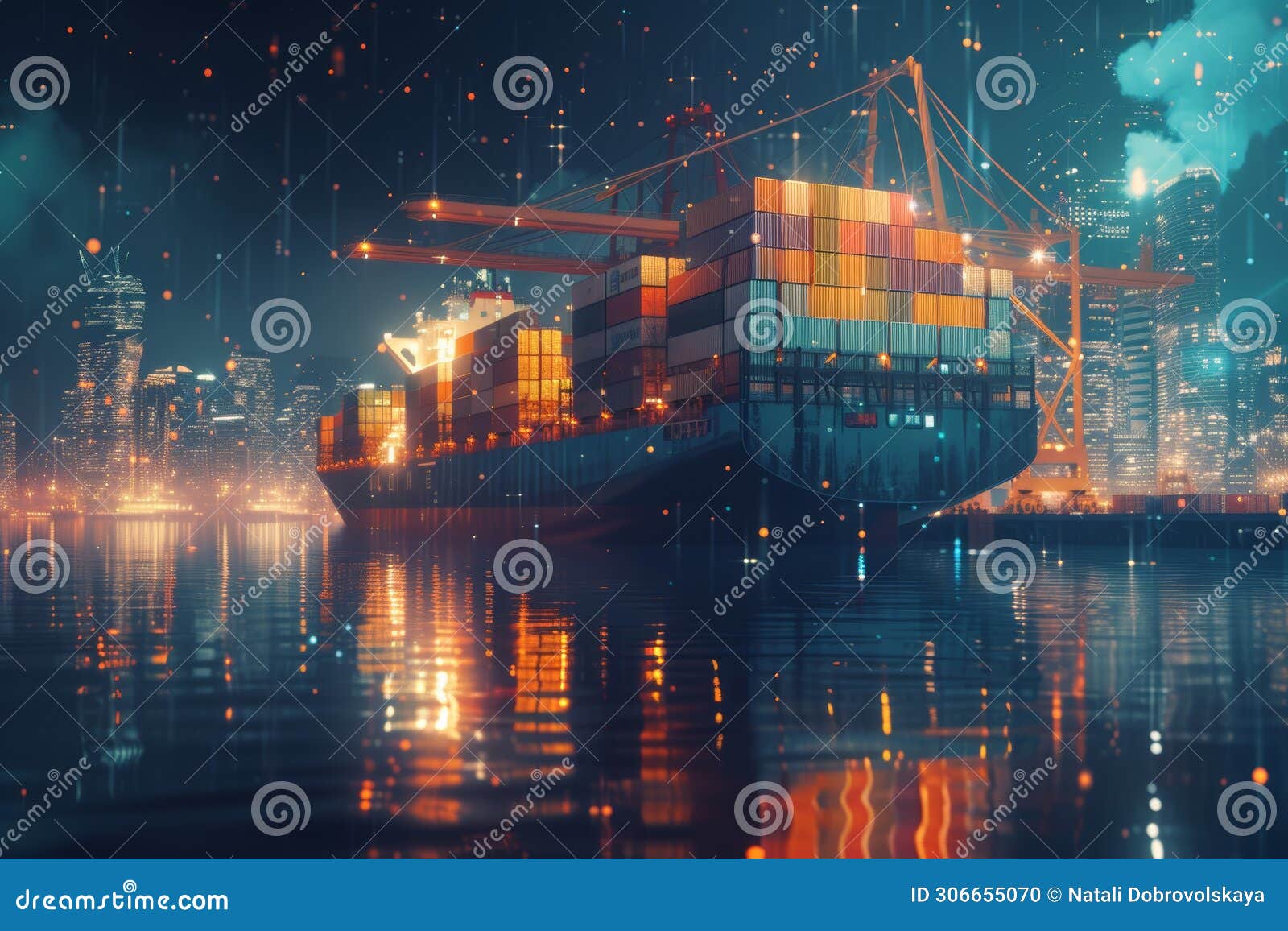 A Container Ship Loading with Containers at Night. Stock Photo - Image ...