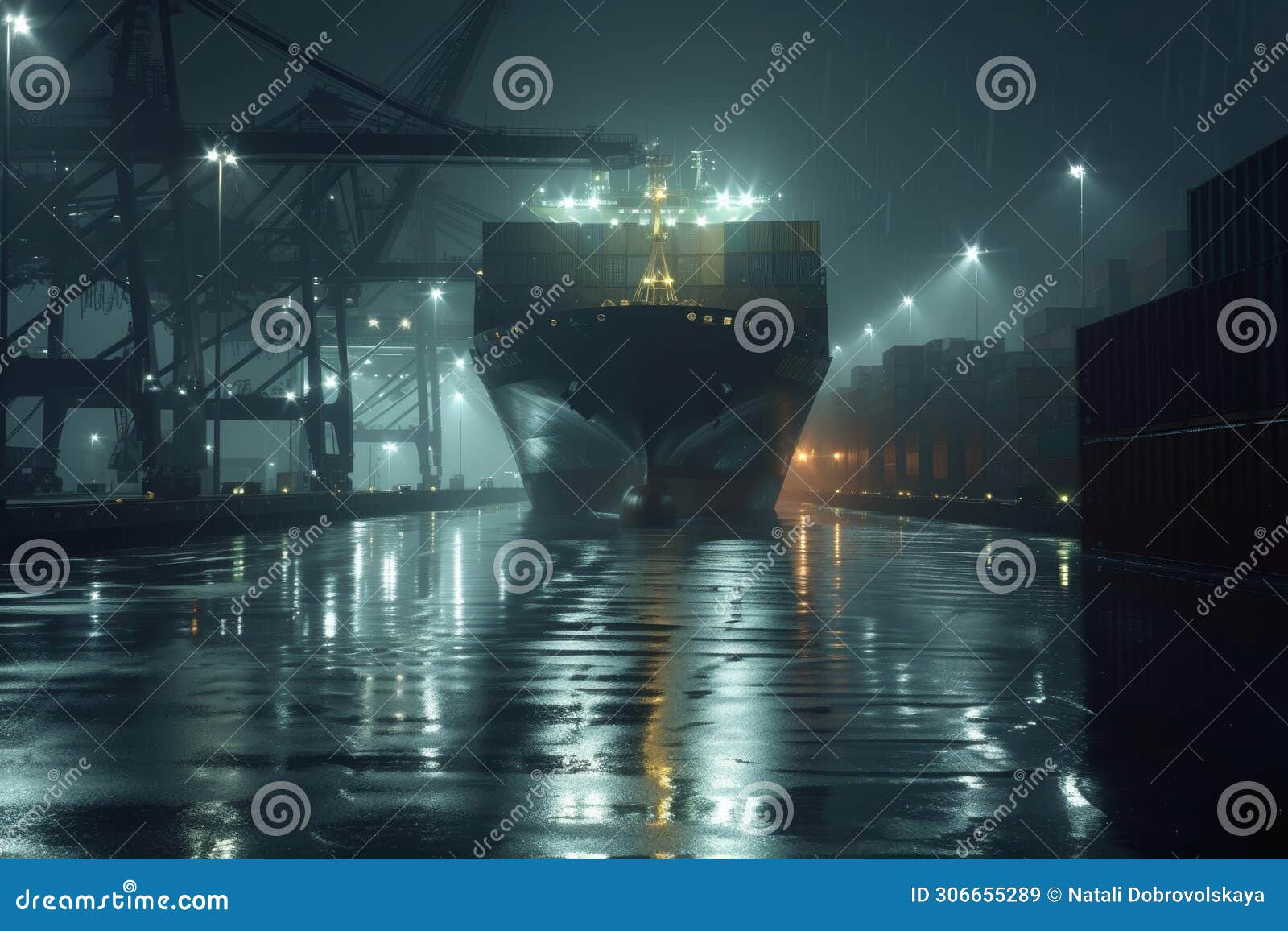 A Container Ship Loading with Containers at Night. Stock Image - Image ...
