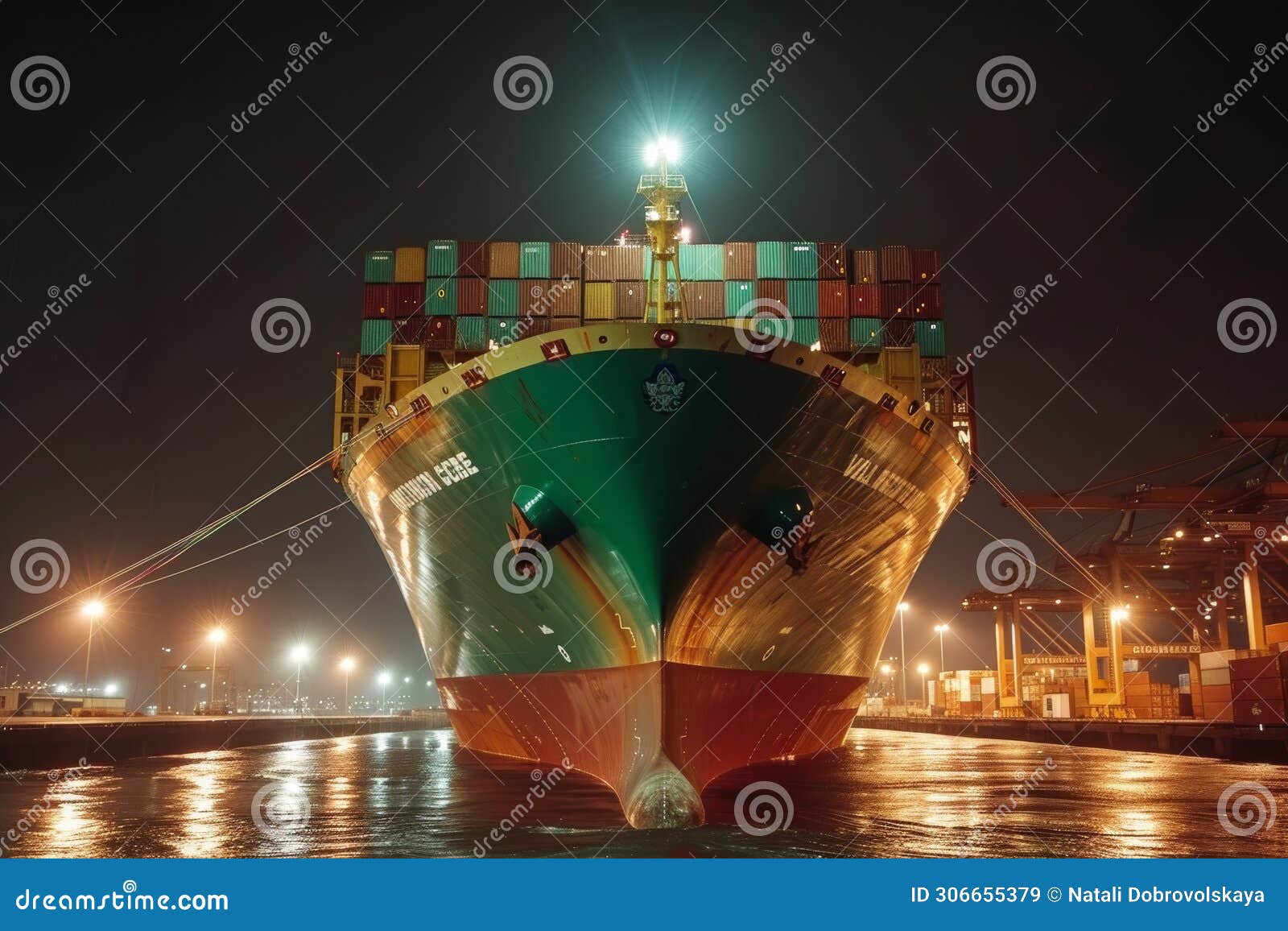A Container Ship Loading with Containers at Night. Stock Image - Image ...