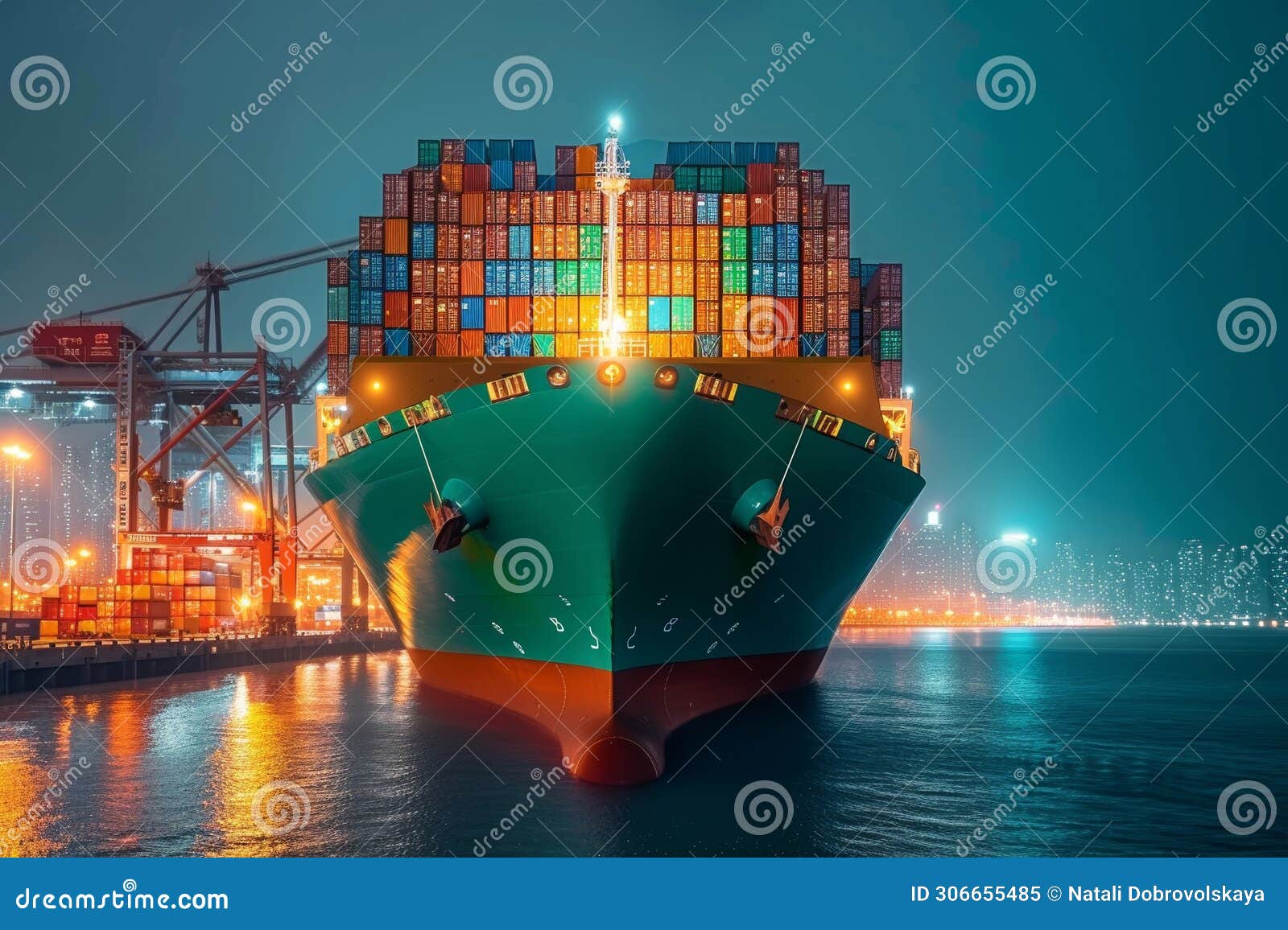 A Container Ship Loading with Containers at Night. Stock Image - Image ...