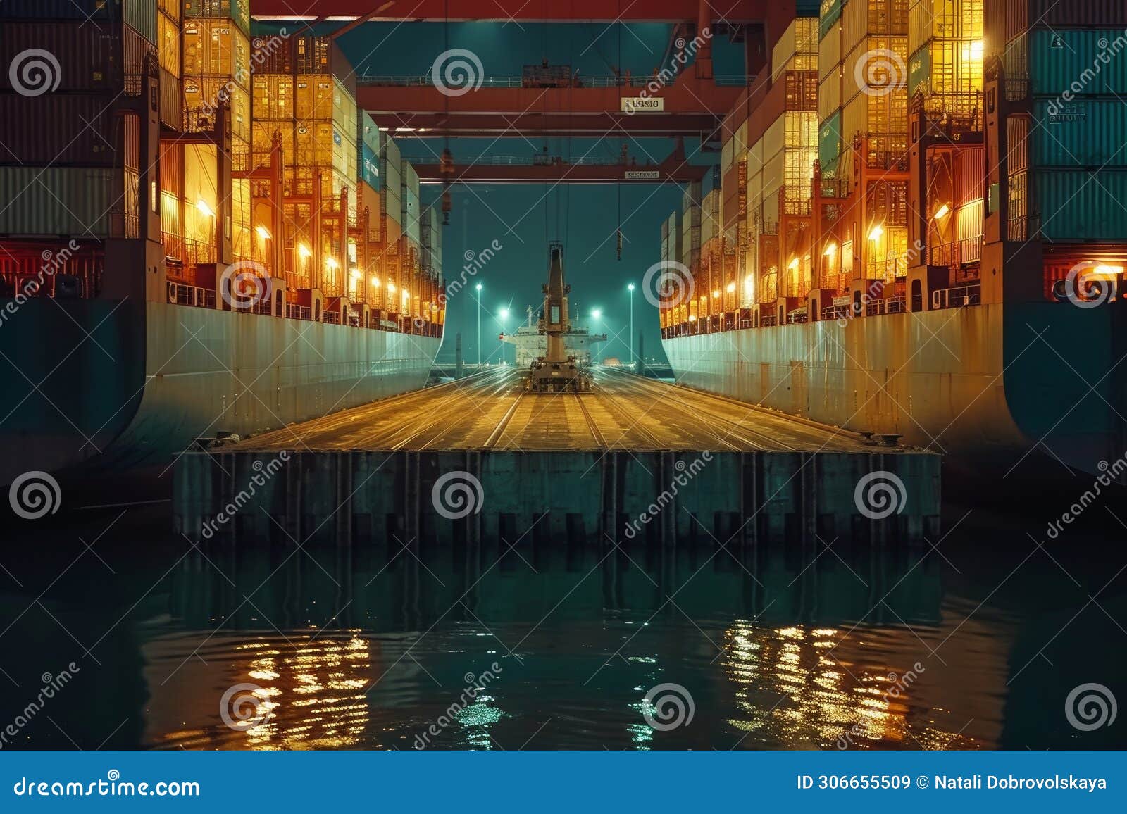 A Container Ship Loading with Containers at Night. Stock Image - Image ...