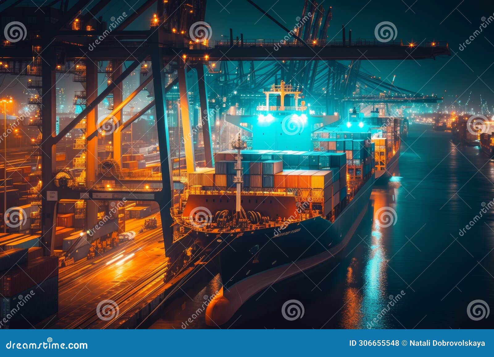 A Container Ship Loading with Containers at Night. Stock Photo - Image ...