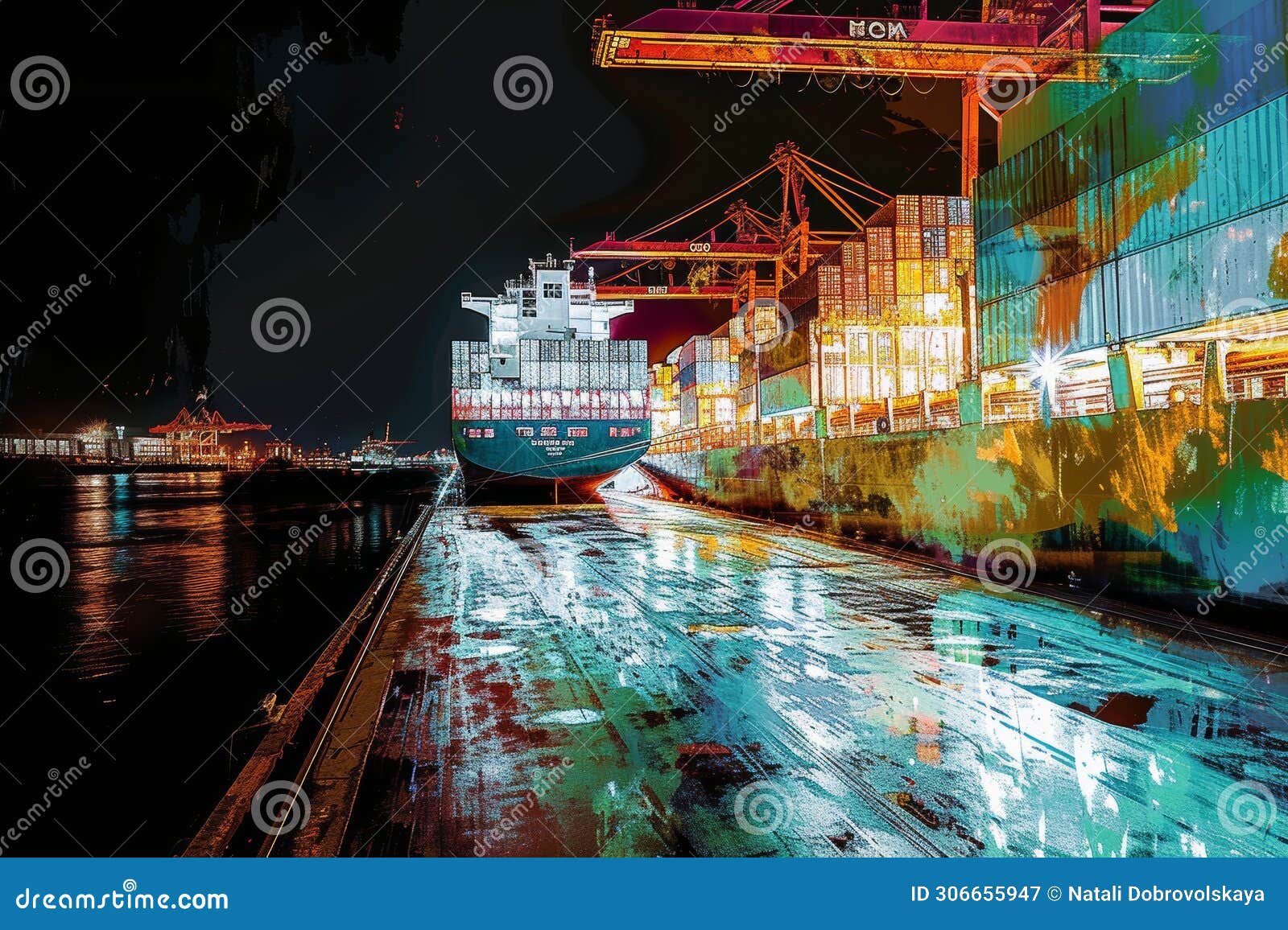 A Container Ship Loading with Containers at Night. Stock Image - Image ...