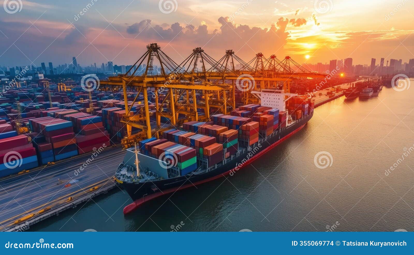 Container Ship Loading at Sunset, Vibrant Skyline Stock Photo - Image ...
