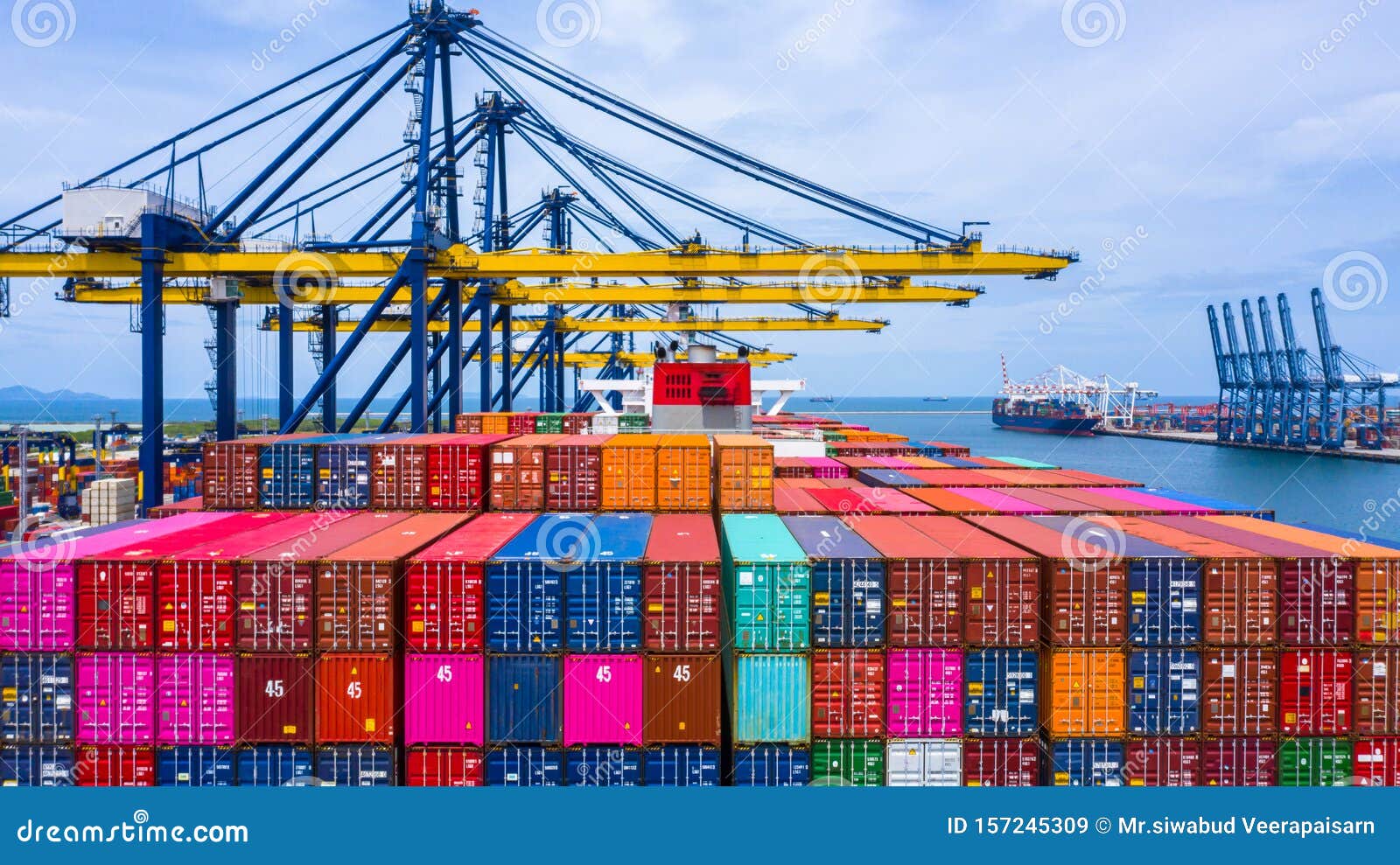 Container Ship Loading and Unloading in Deep Sea Port, Aerial Top View ... Container Ship Loading and Unloading in Deep Sea Port, Aerial Top View ...