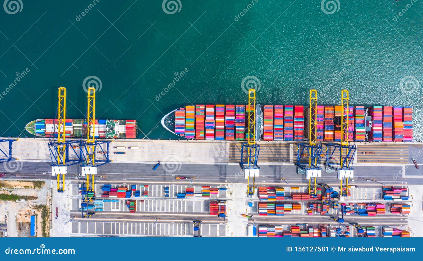 Container Ship Loading and Unloading in Deep Sea Port, Aerial Top View ...