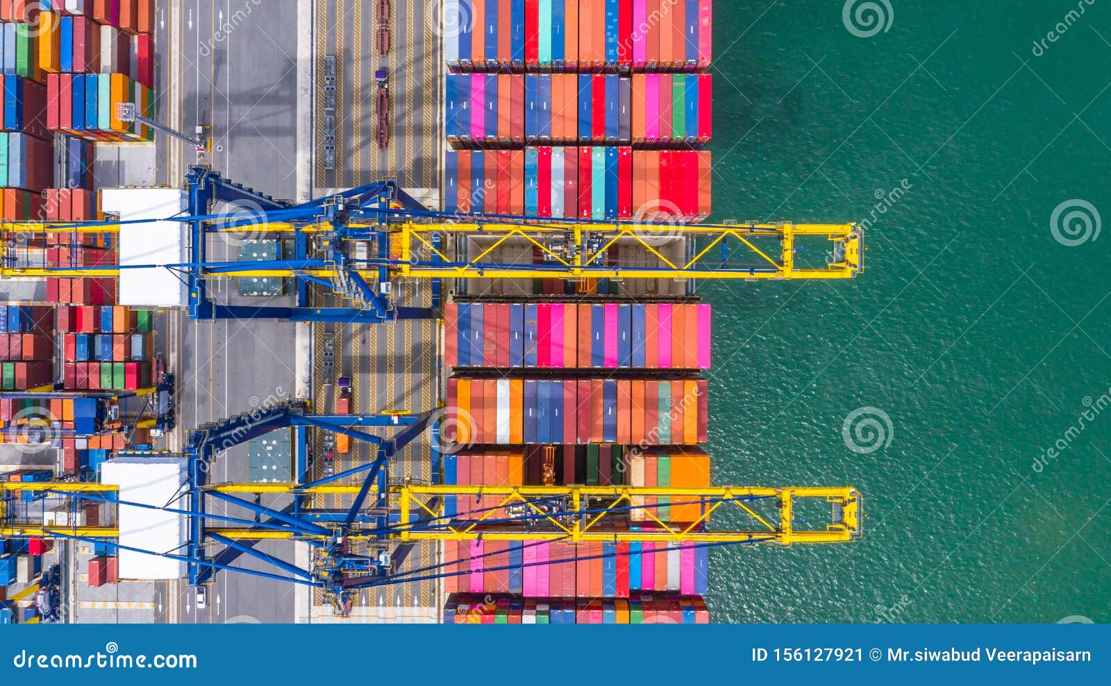 Container Ship Loading and Unloading in Deep Sea Port, Aerial Top View ...