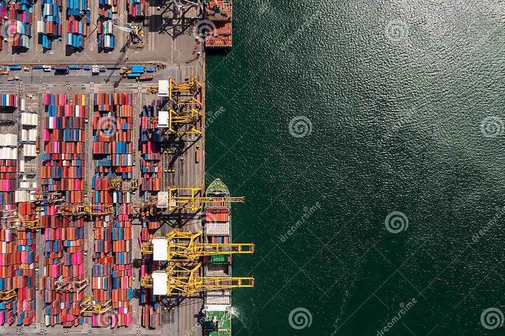 Container Ship Loading and Unloading in Deep Sea Port, Aerial Top View Stock Image - Image of ...