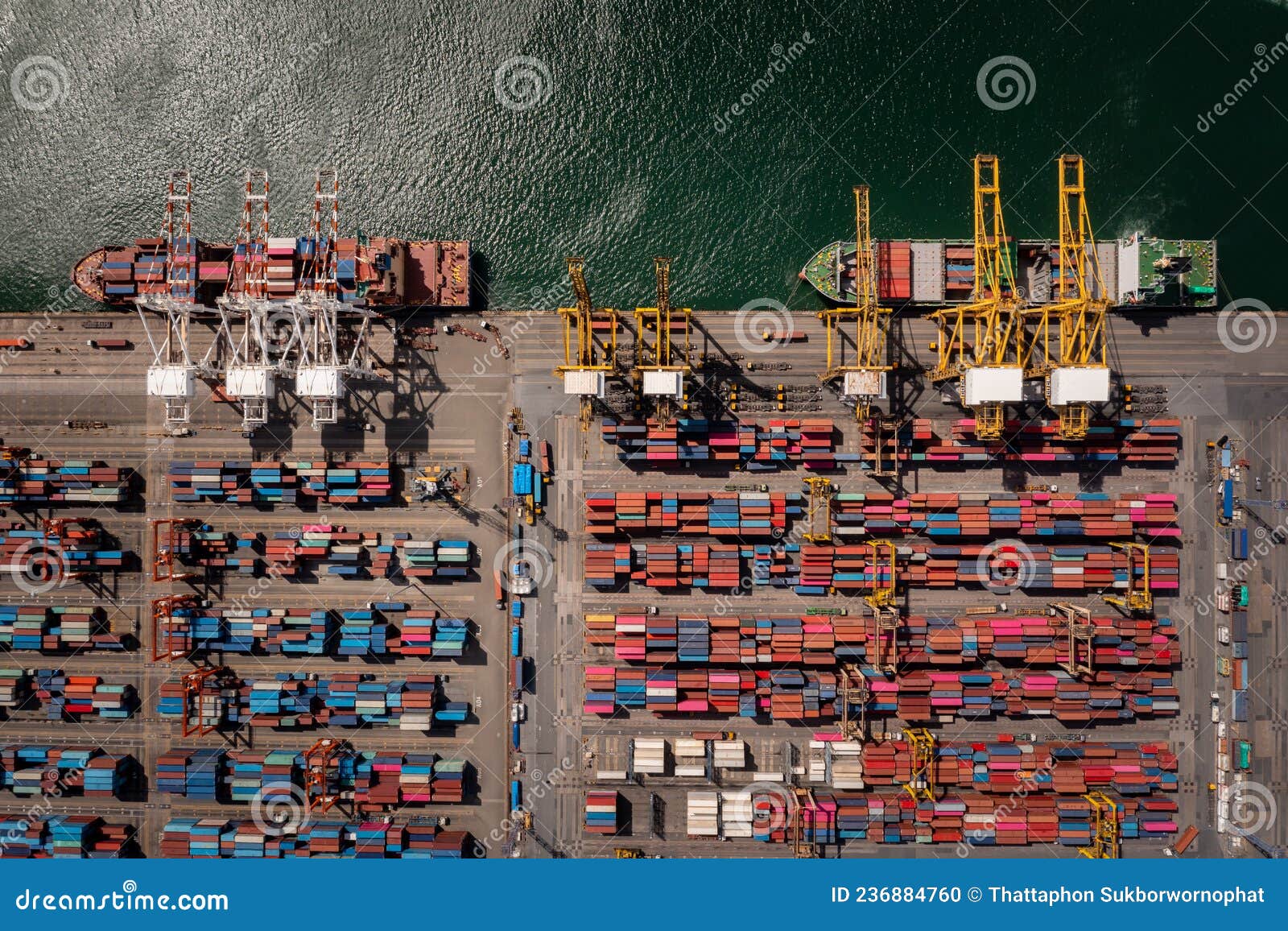 Container Ship Loading and Unloading in Deep Sea Port, Aerial Top View ...