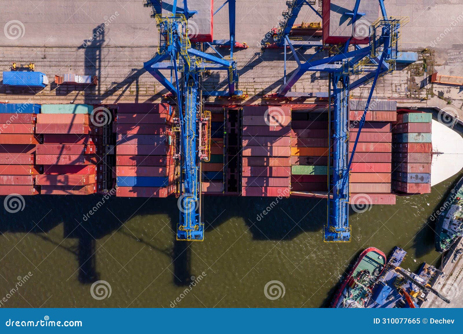 Container Ship Loading and Unloading in Port, Aerial View of Logistic ...