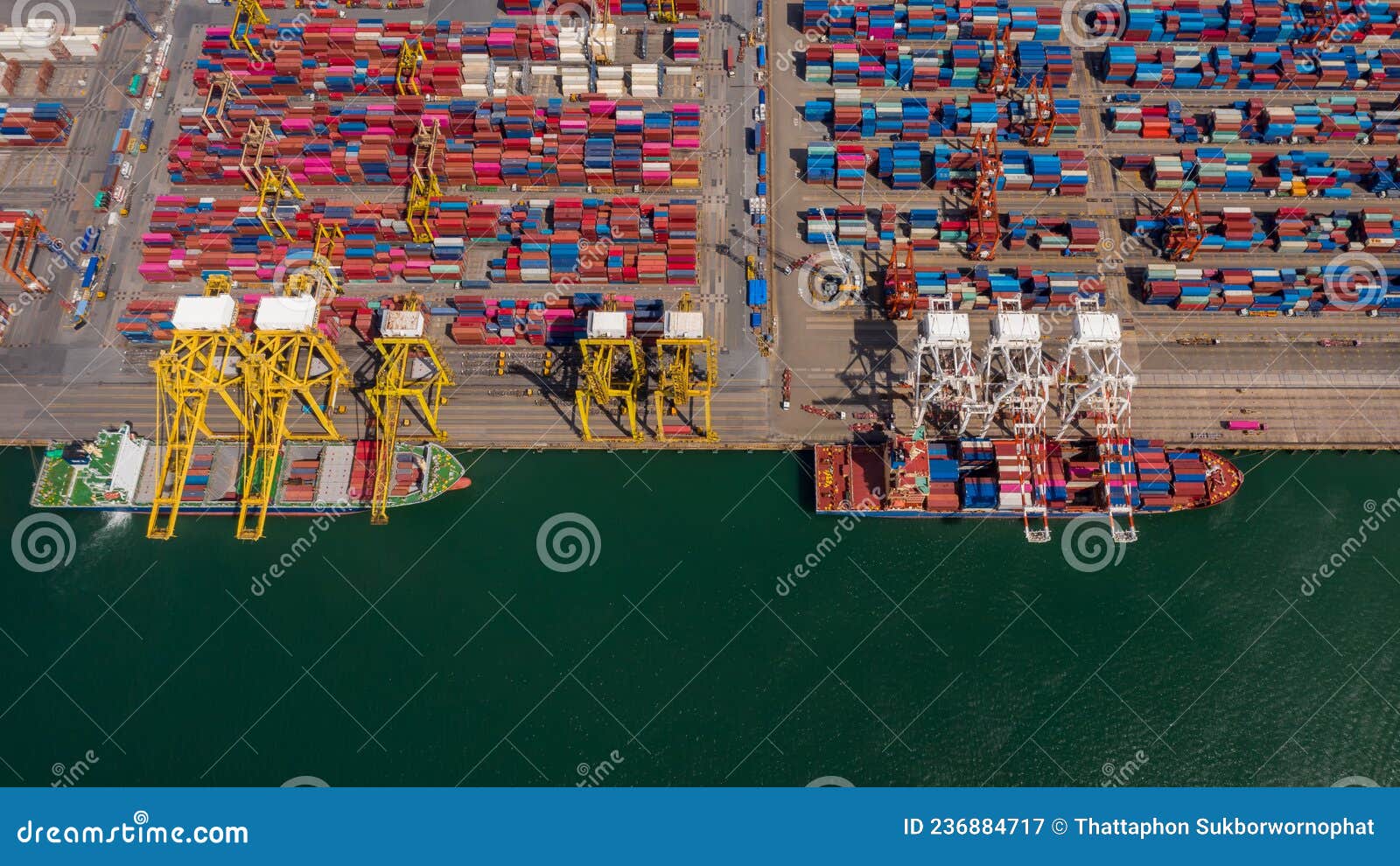 Container Ship Loading and Unloading in Sea Port, Aerial View Stock ...
