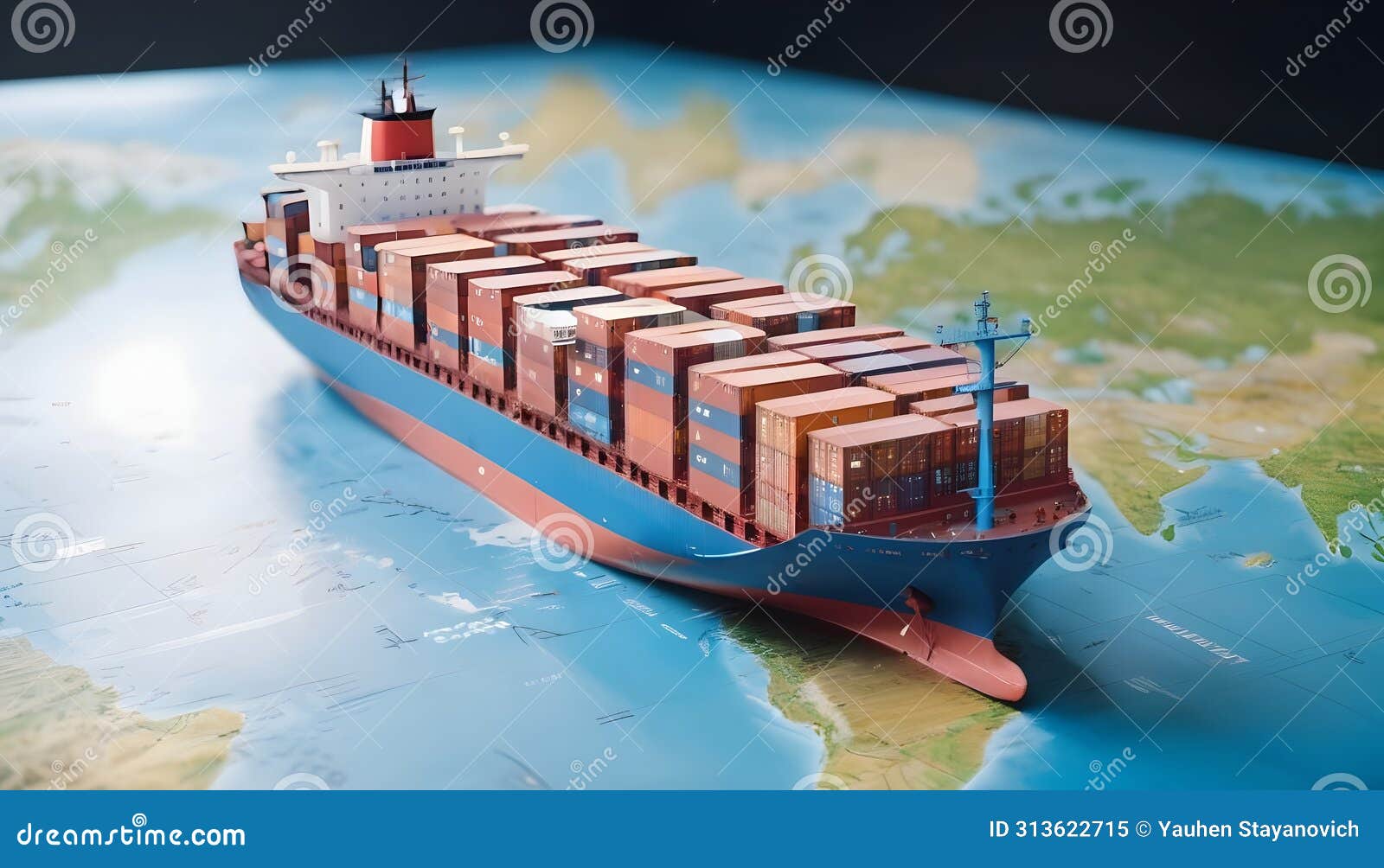 Container Ship Model on World Map , Transcontinental Transportation ...