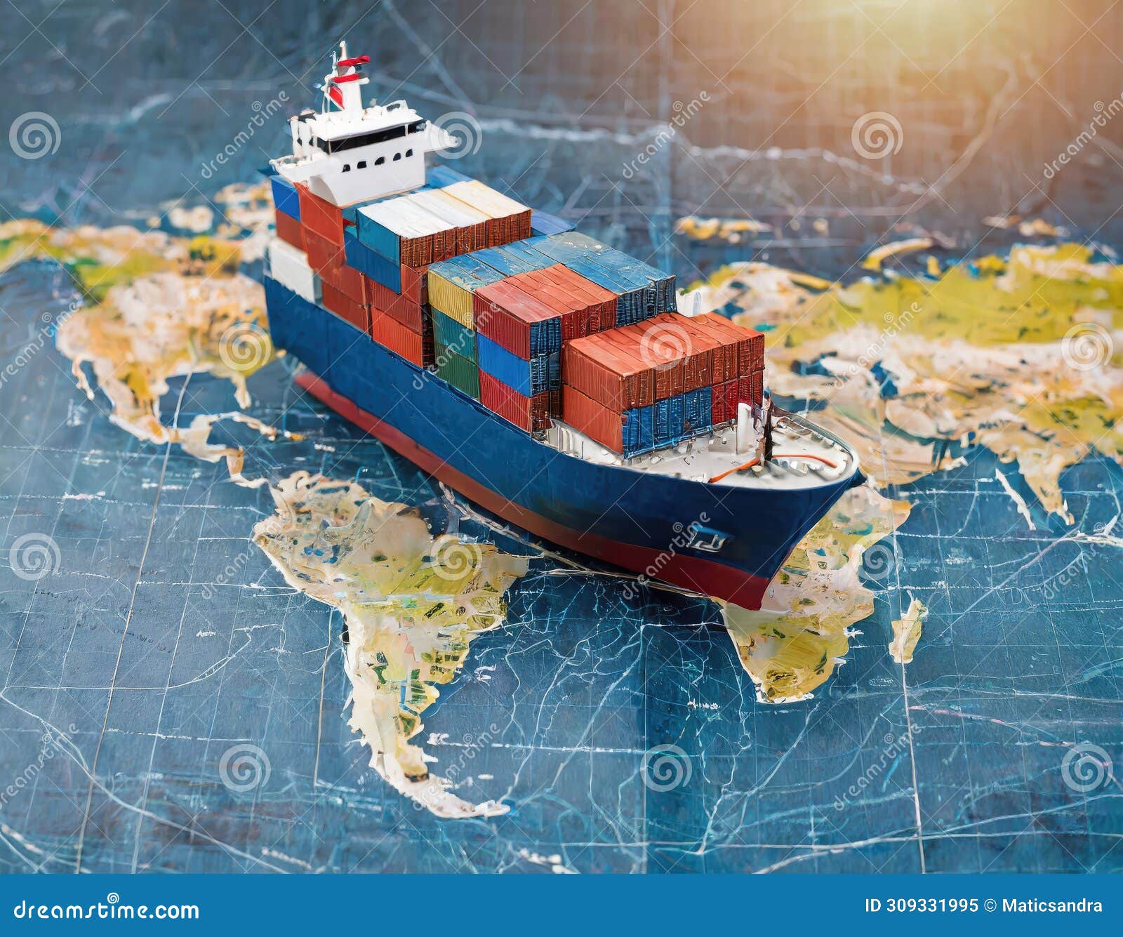 Container Ship Model on World Map, Transportation or Globalization ...