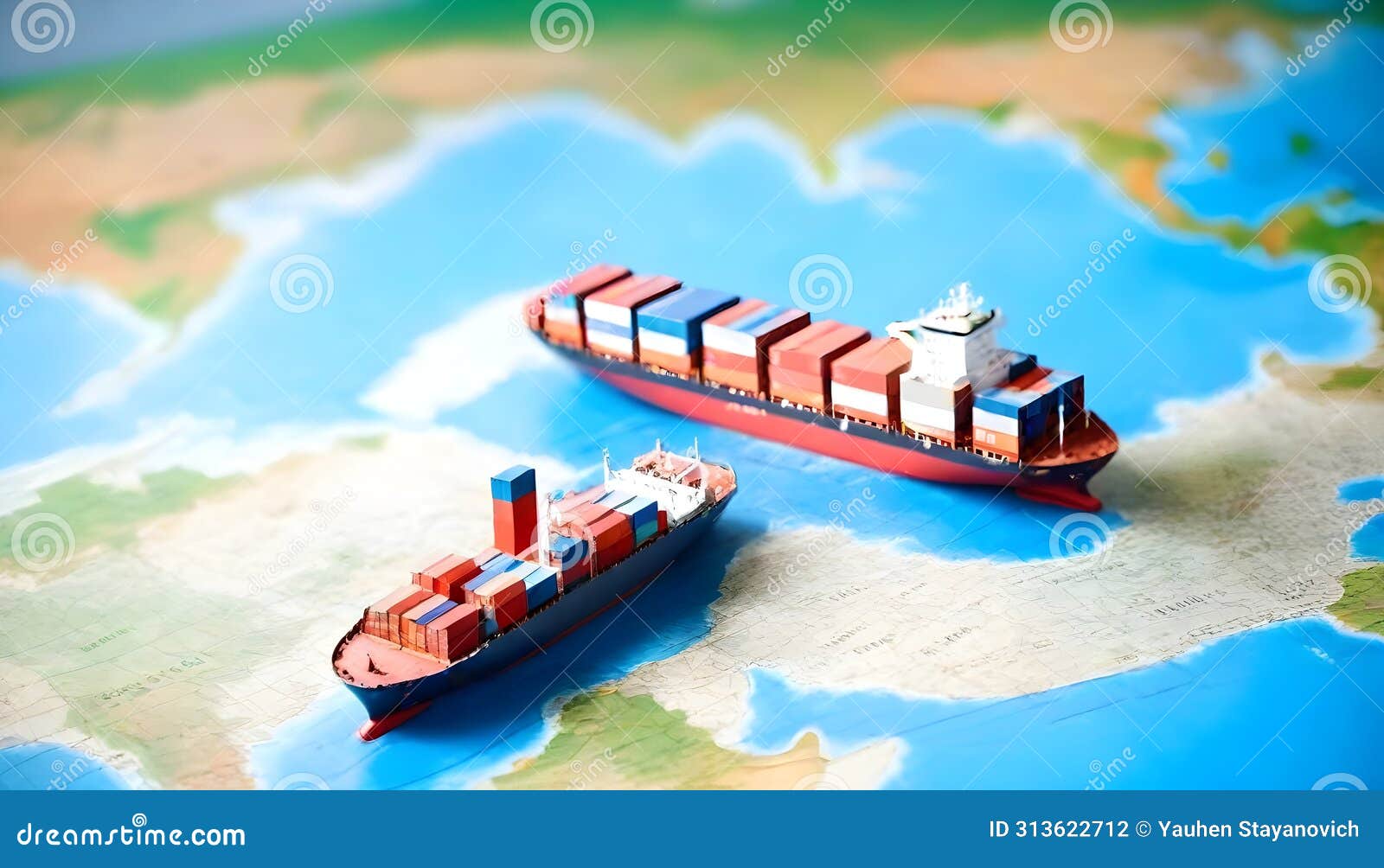 Container Ship Model on World Map , Transcontinental Transportation ...