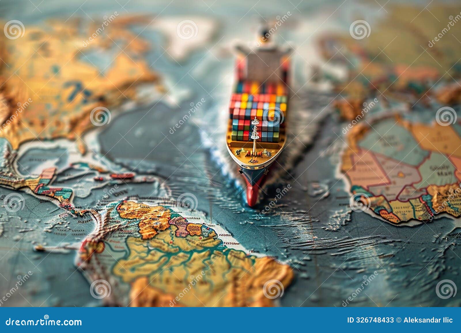 Container Ship Model on World Map. Transportation, Shipping and Cargo ...