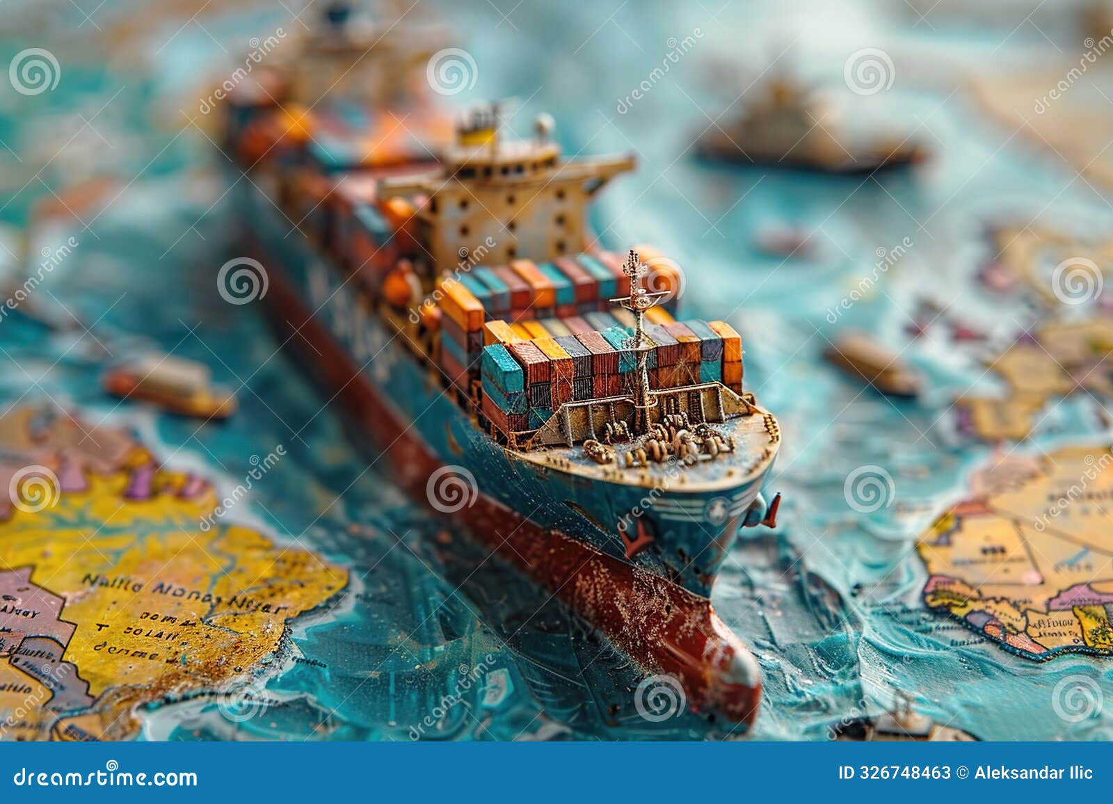 Container Ship Model on World Map. Transportation, Shipping and Cargo ...