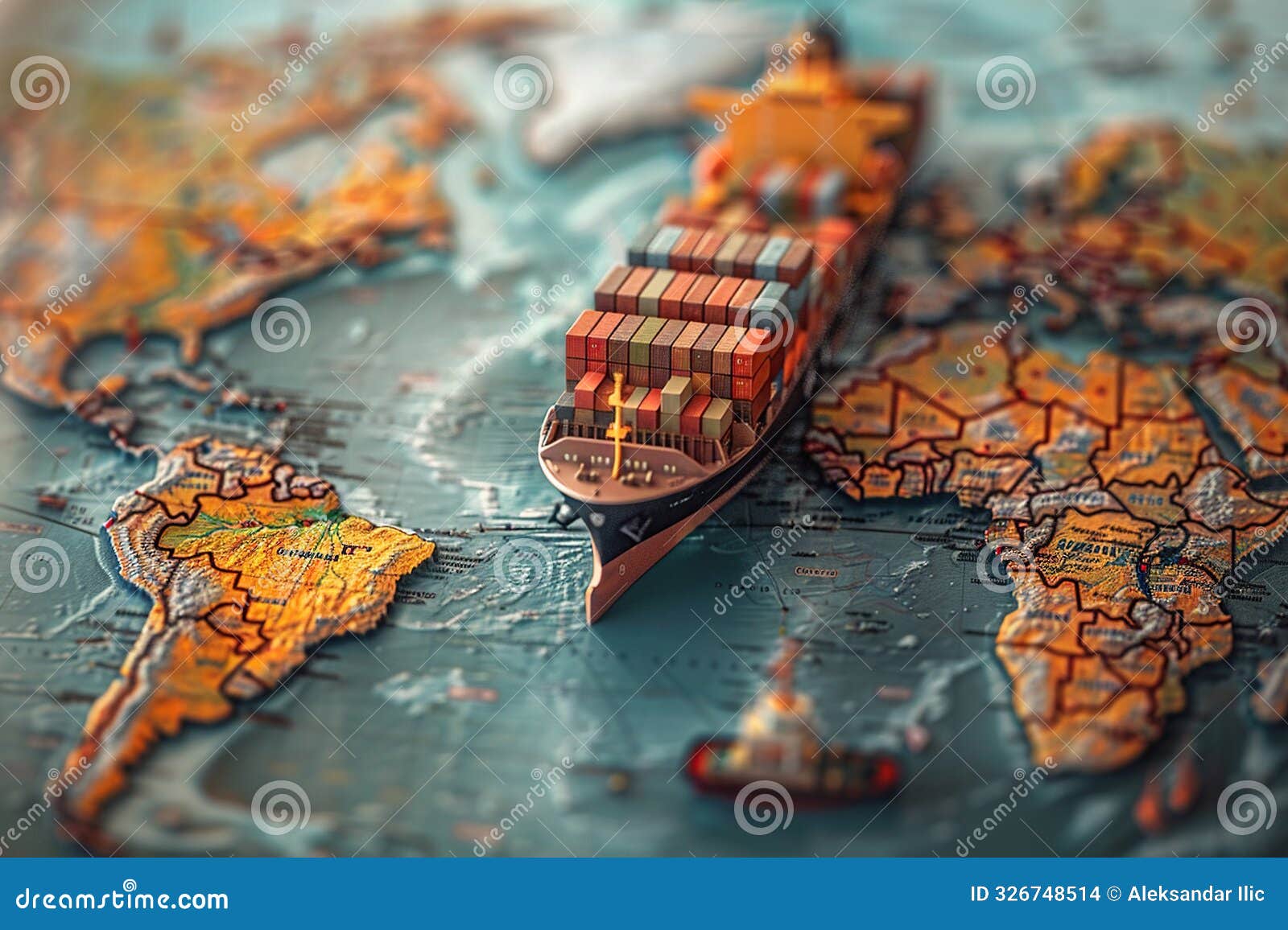 Container Ship Model on World Map. Transportation, Shipping and Cargo ...