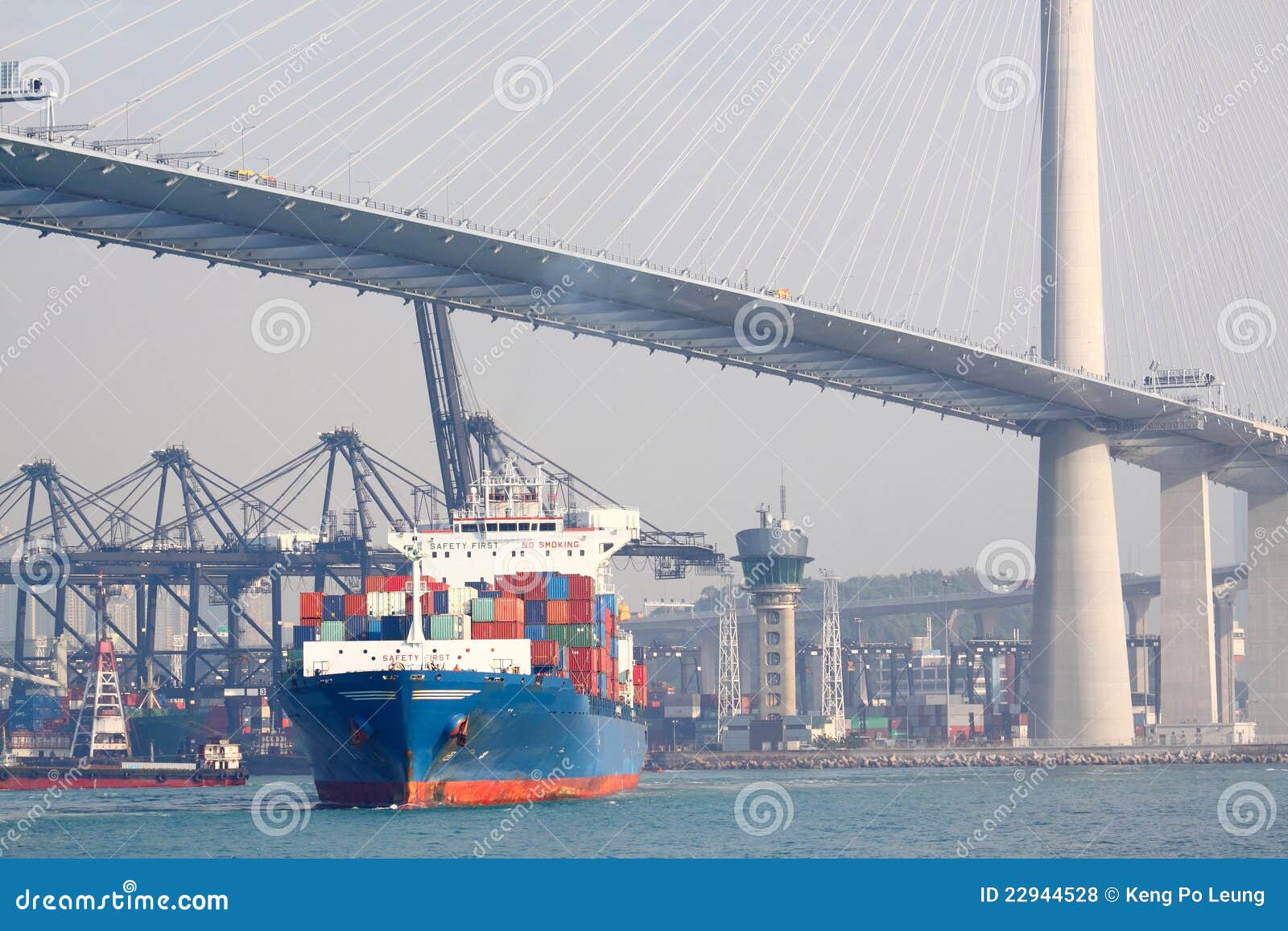 Container Ship and Modern Bridge Stock Photo - Image of park, stack ...