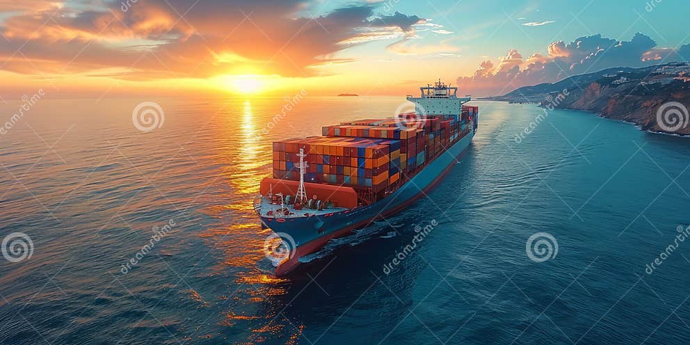 Container Ship Navigating Along a Coastline at Sunset Stock Image ...